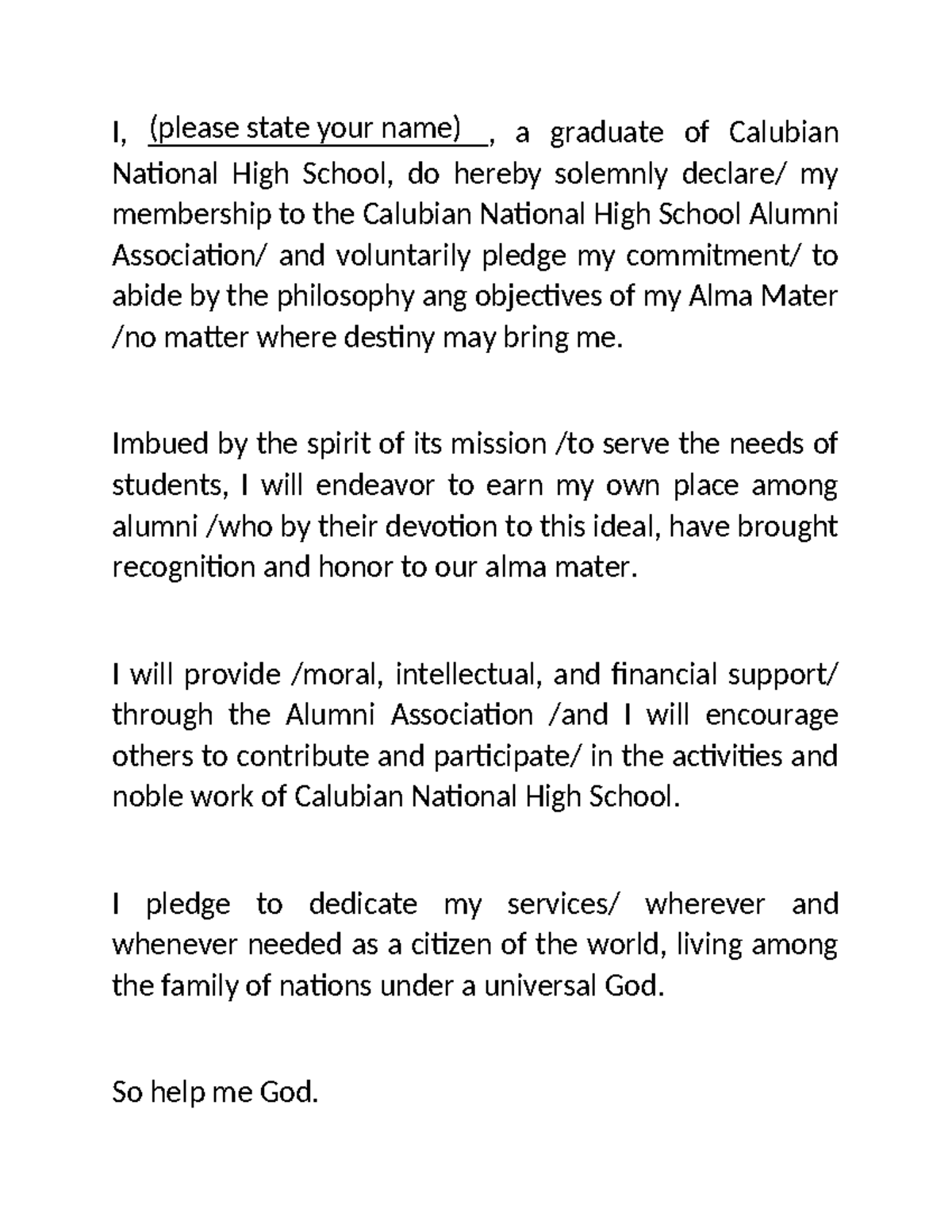 Alumni Pledge - I, ______________________, a graduate of Calubian ...