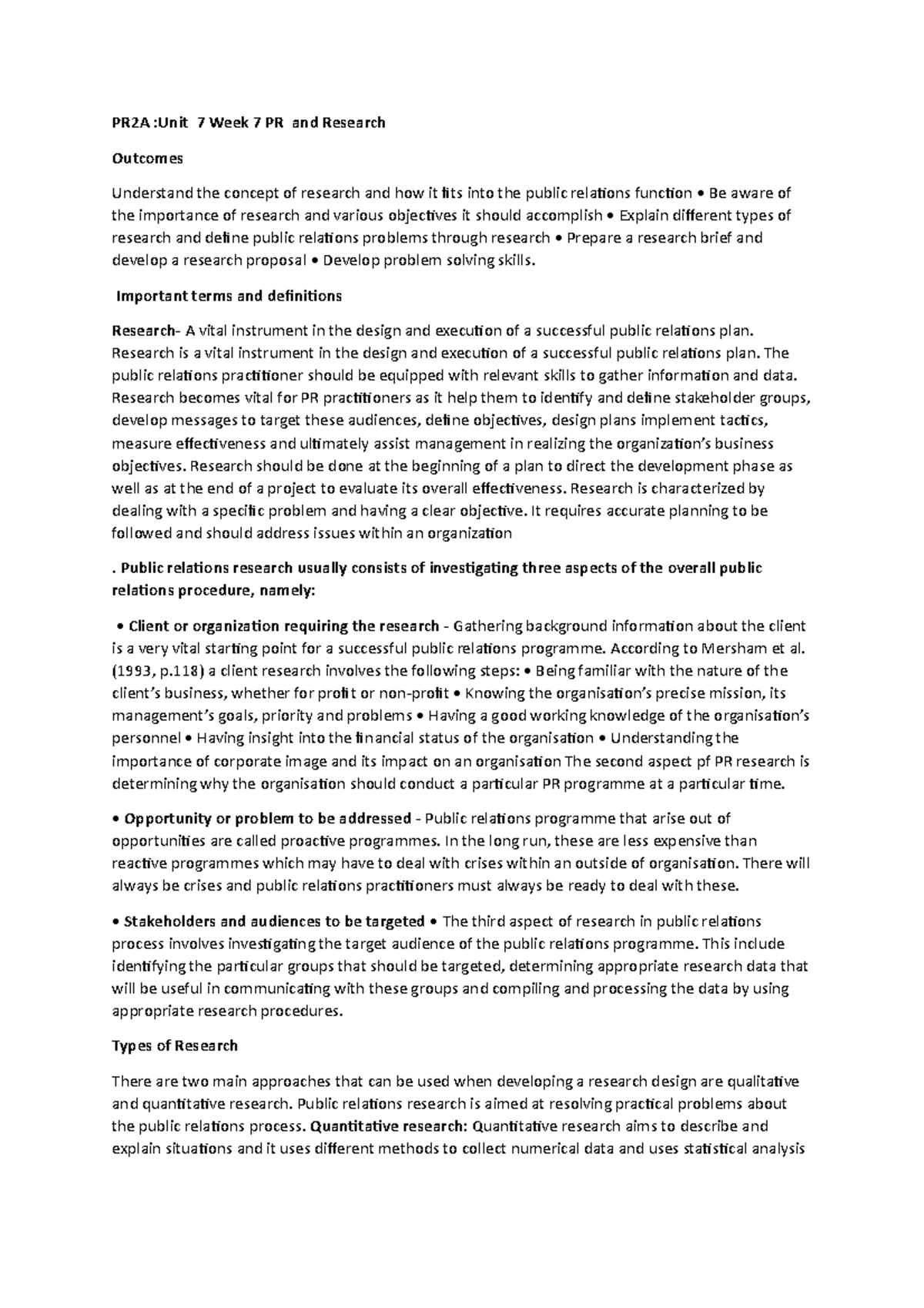 WEEK 7 PR2A lecture notes - PR2A :Unit 7 Week 7 PR and Research ...
