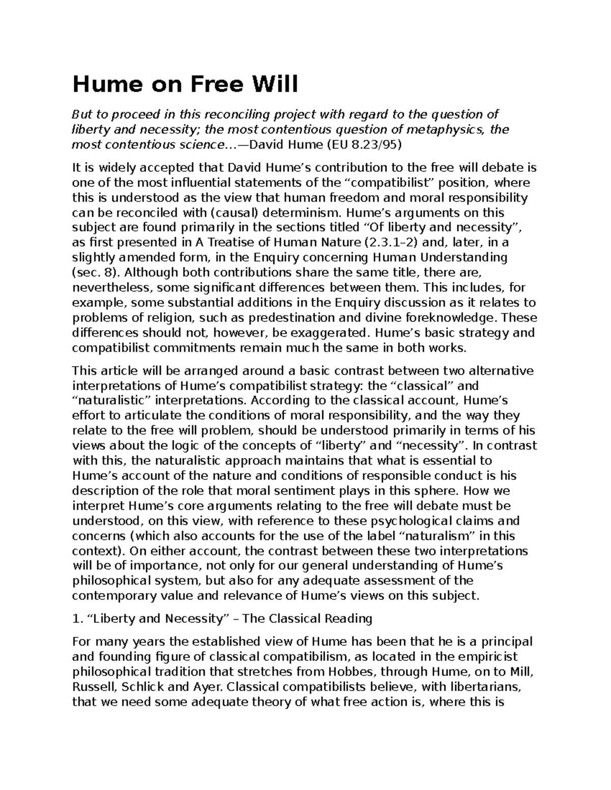 Hume on Free Will - Lecture 6 Hume on Free Will - Hume on Free Will But ...