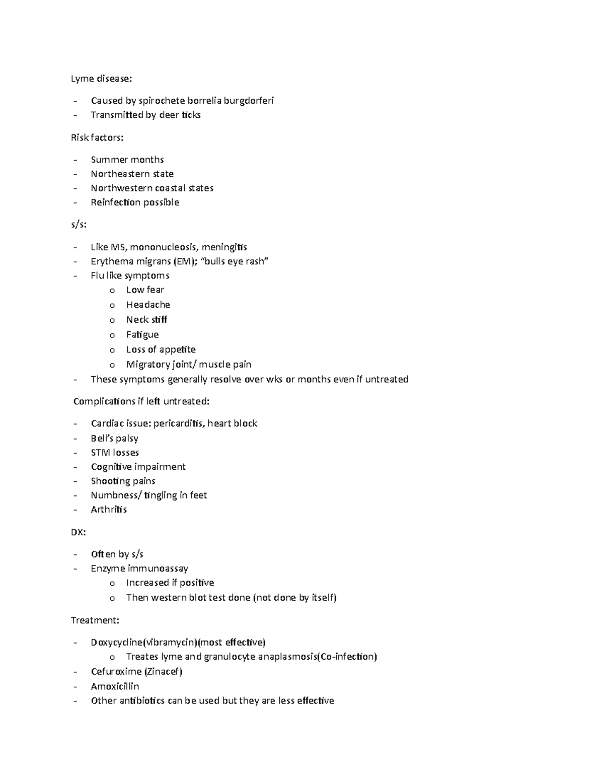 Lyme disease - notes - Lyme disease: Caused by spirochete borrelia ...