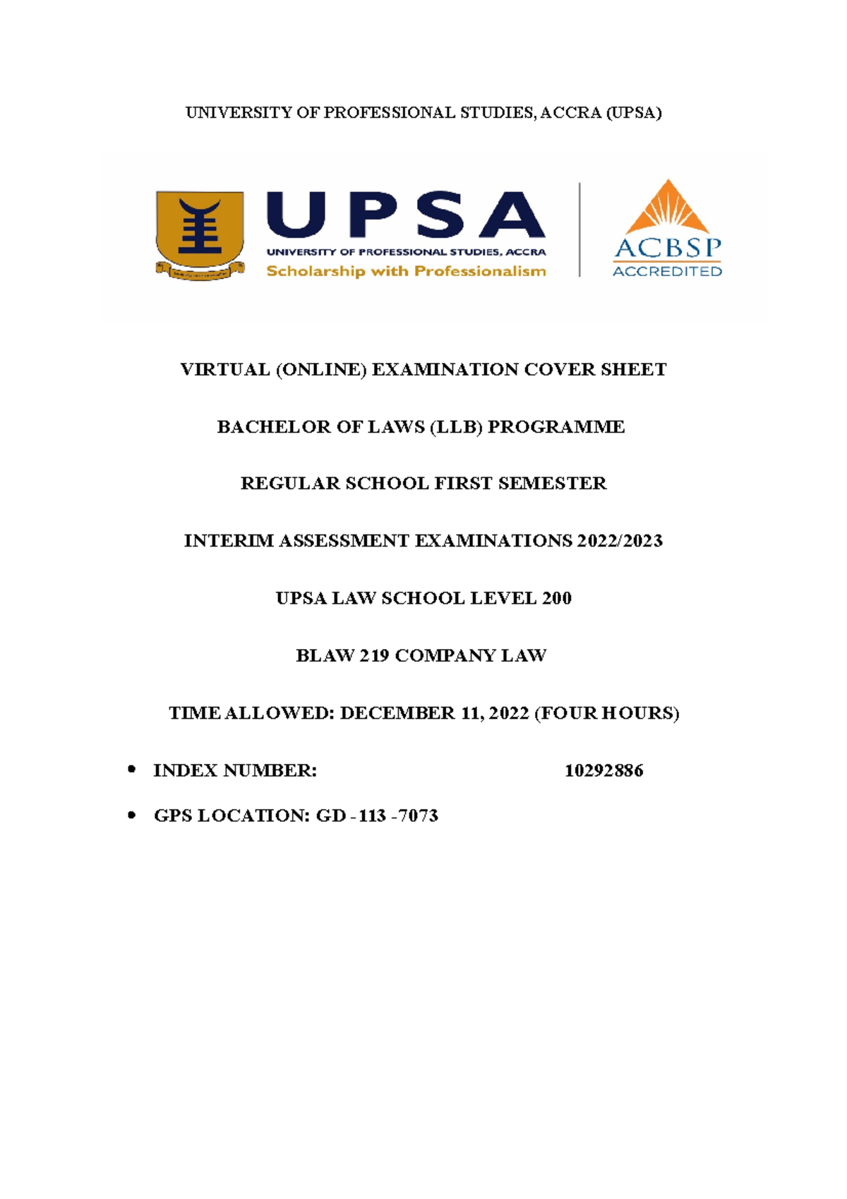 Company LAW IA - UNIVERSITY OF PROFESSIONAL STUDIES, ACCRA (UPSA) VIRTUAL (ONLINE) EXAMINATION ...