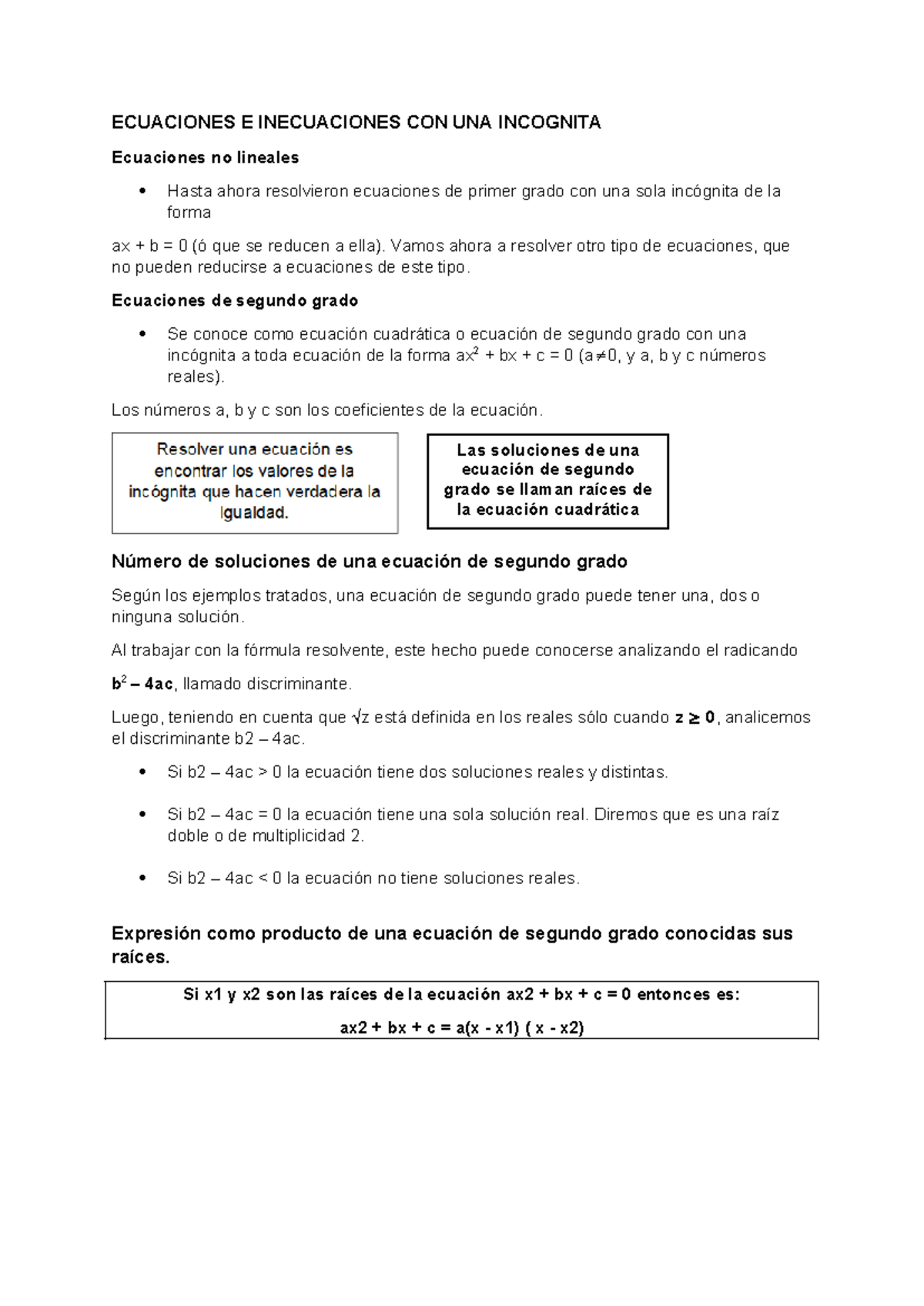 Ecuaciones E Inecuaciones resumen - ECUACIONES E INECUACIONES CON UNA INCOGNITA Ecuaciones no ...