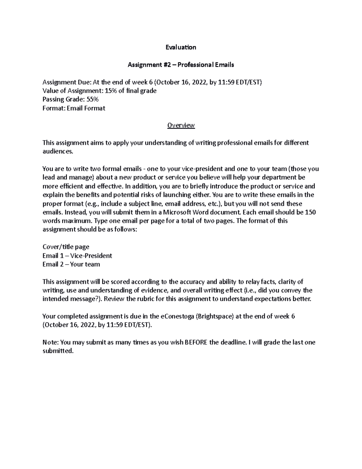 Assignment #2 - Professional Emails 2022 - Evaluation Assignment #2 ...