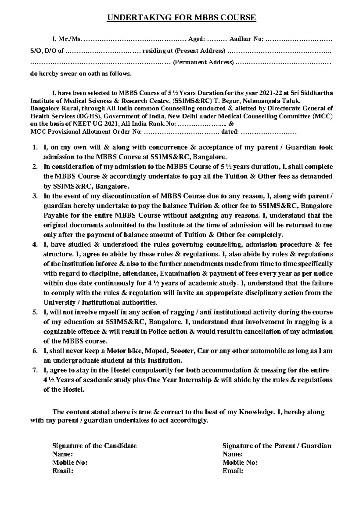 Undertaking for MBBS Course - UNDERTAKING FOR MBBS COURSE I, Mr./Ms ...