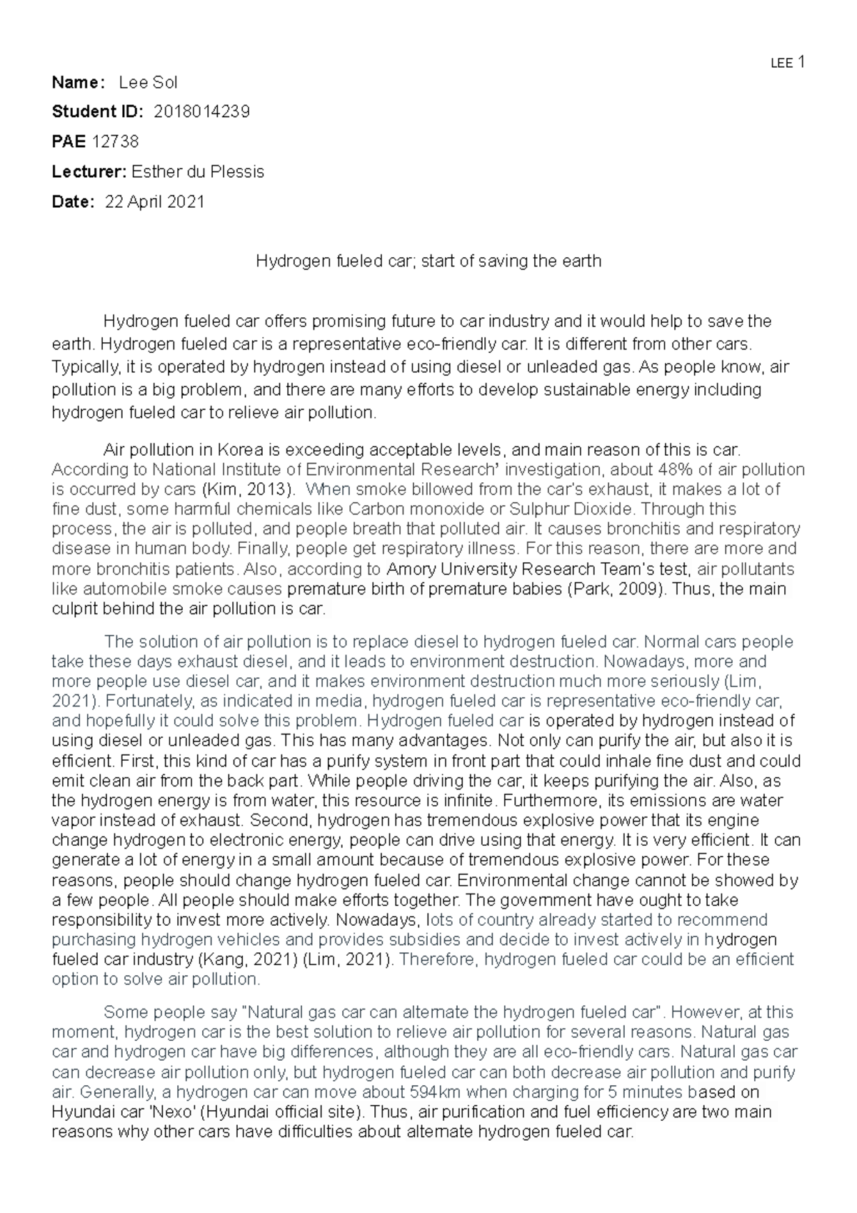 LEE SOL 2018 014239 Final Essay 12738 - Professional Academic English ...