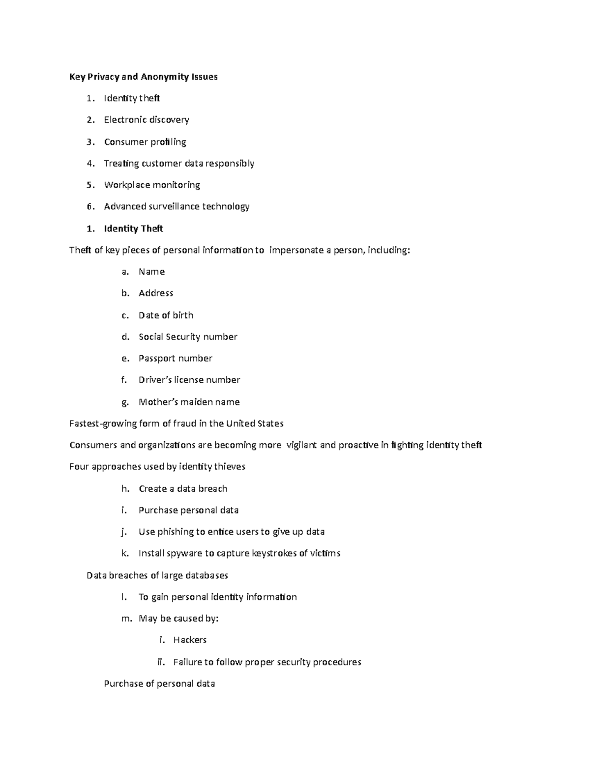 Key Privacy and Anonymity Issues - Identity thef 2. Electronic ...