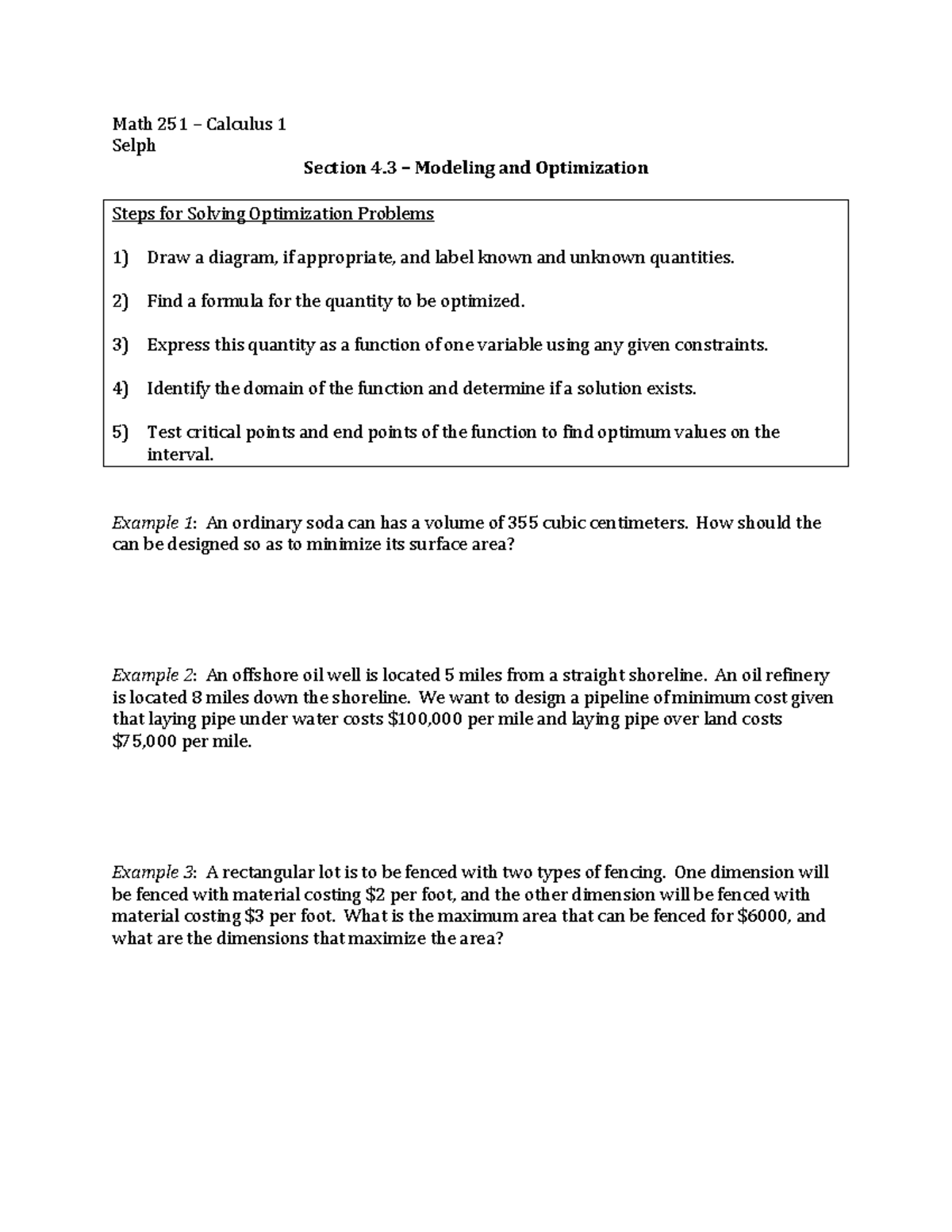 251- Optimization - Math 251 – Calculus 1 Selph Section 4 – Modeling and Optimization - Studocu