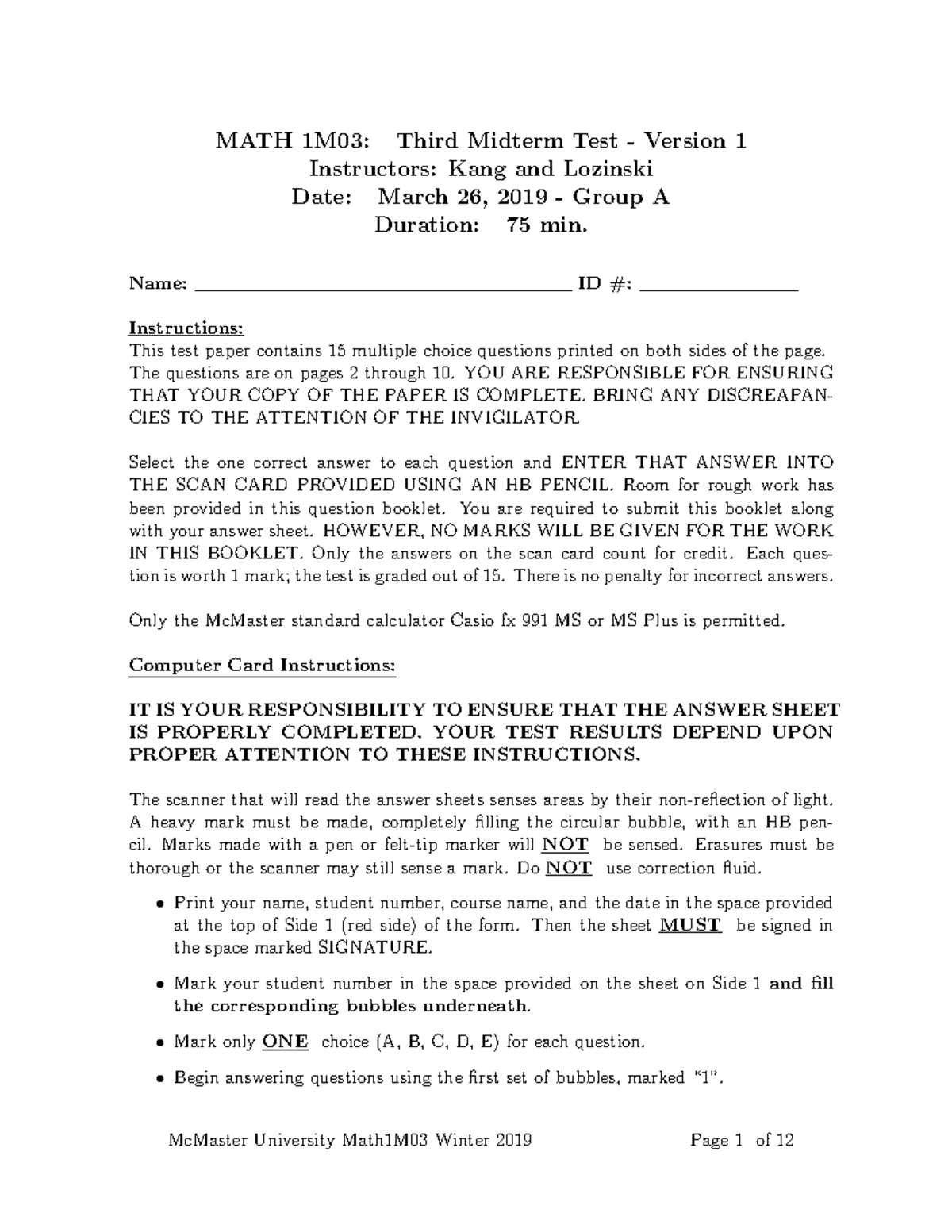 Math1M03 Midterm 3 Group A ver1 - MATH 1M03: Third Midterm Test ...