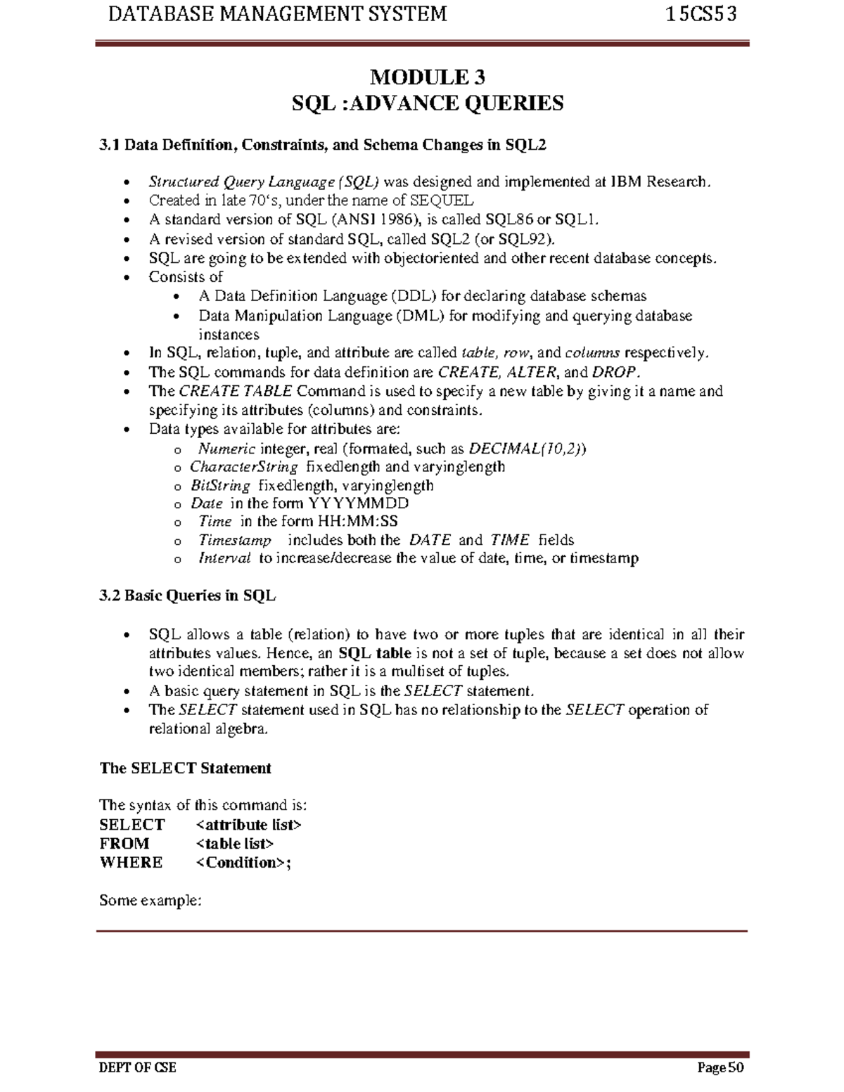 Dbms m3 - dont dowload it - MODULE 3 SQL :ADVANCE QUERIES 3 Data Definition, Constraints, and ...