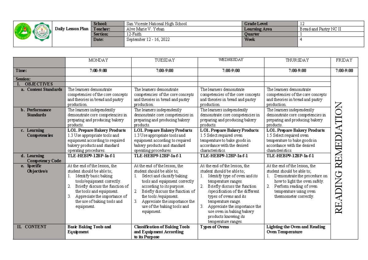 Week 4 BPP - Daily Lesson Log in Bread and Pastry - Daily Lesson Plan ...