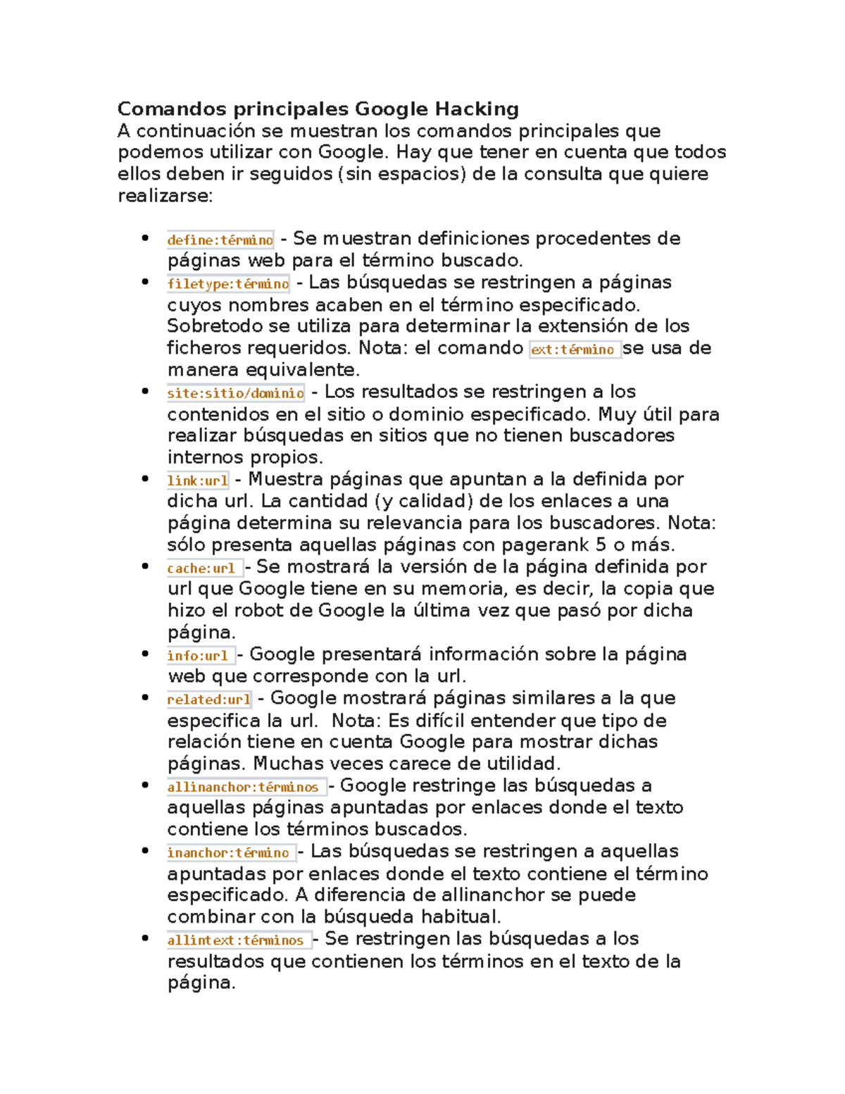 Comandos principales Google Hacking - Hay que tener en cuenta que todos ellos deben ir seguidos ...