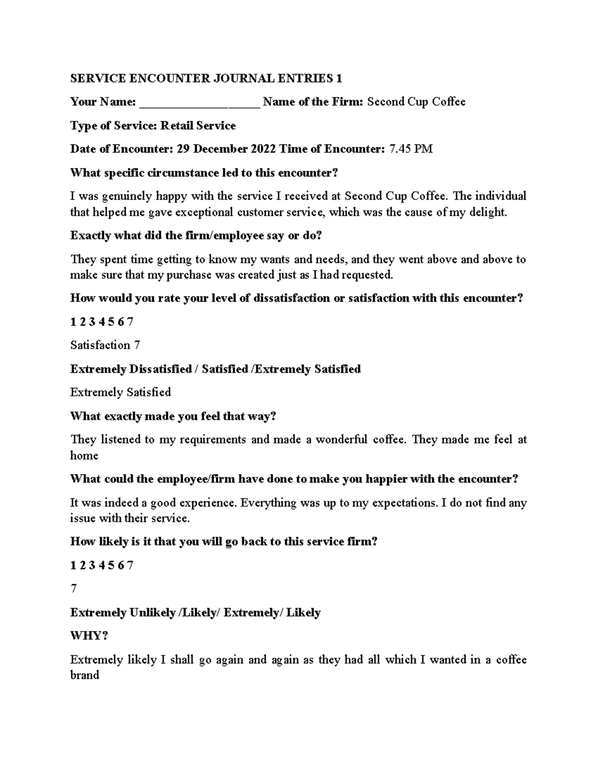 Assignment - this is about the service encounter at various cafe ...