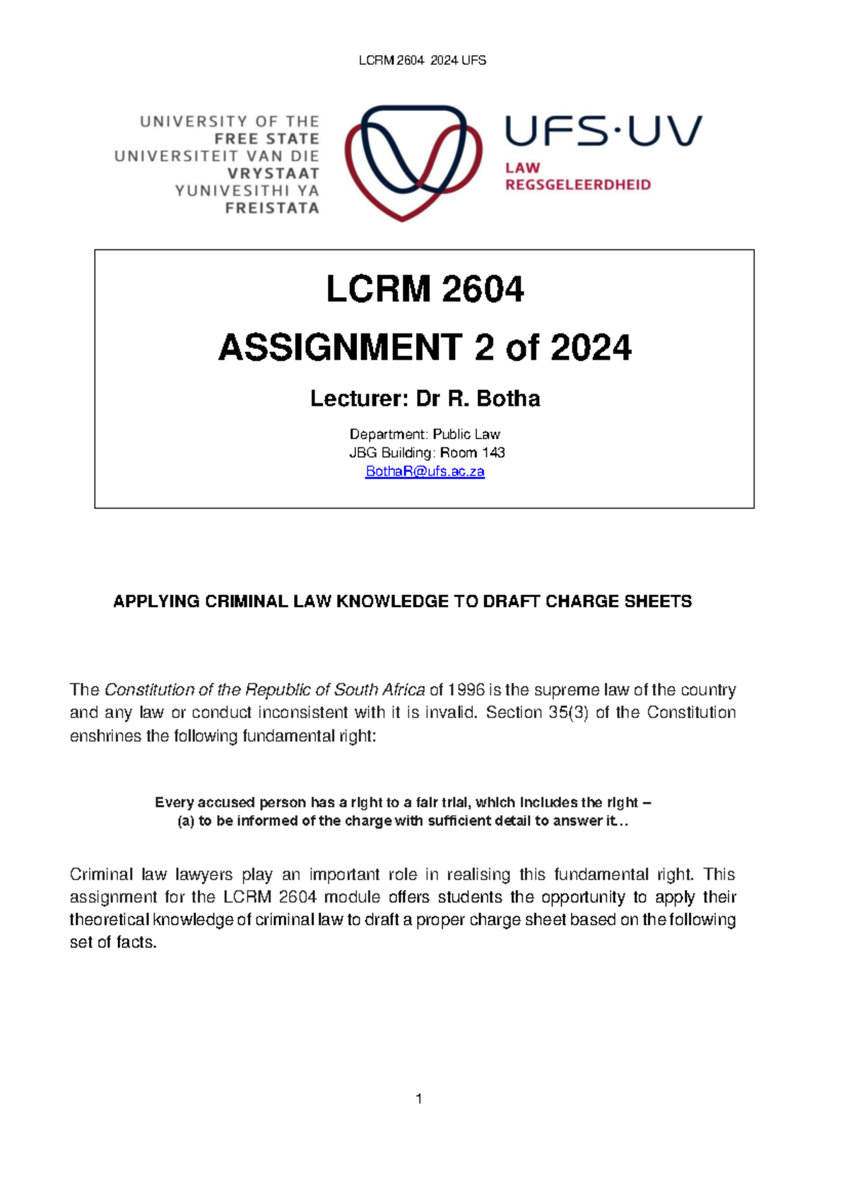 24 LCRM2604 Assigment 2 +J15 ZB - APPLYING CRIMINAL LAW KNOWLEDGE TO ...