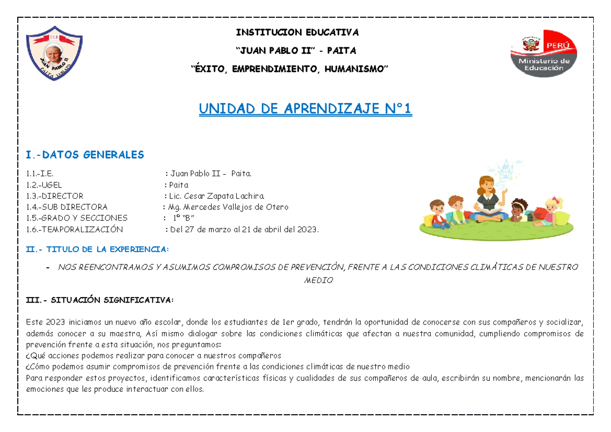 Unidad DE Aprendizaje Nº 1- 1B - INSTITUCION EDUCATIVA “JUAN PABLO II ...