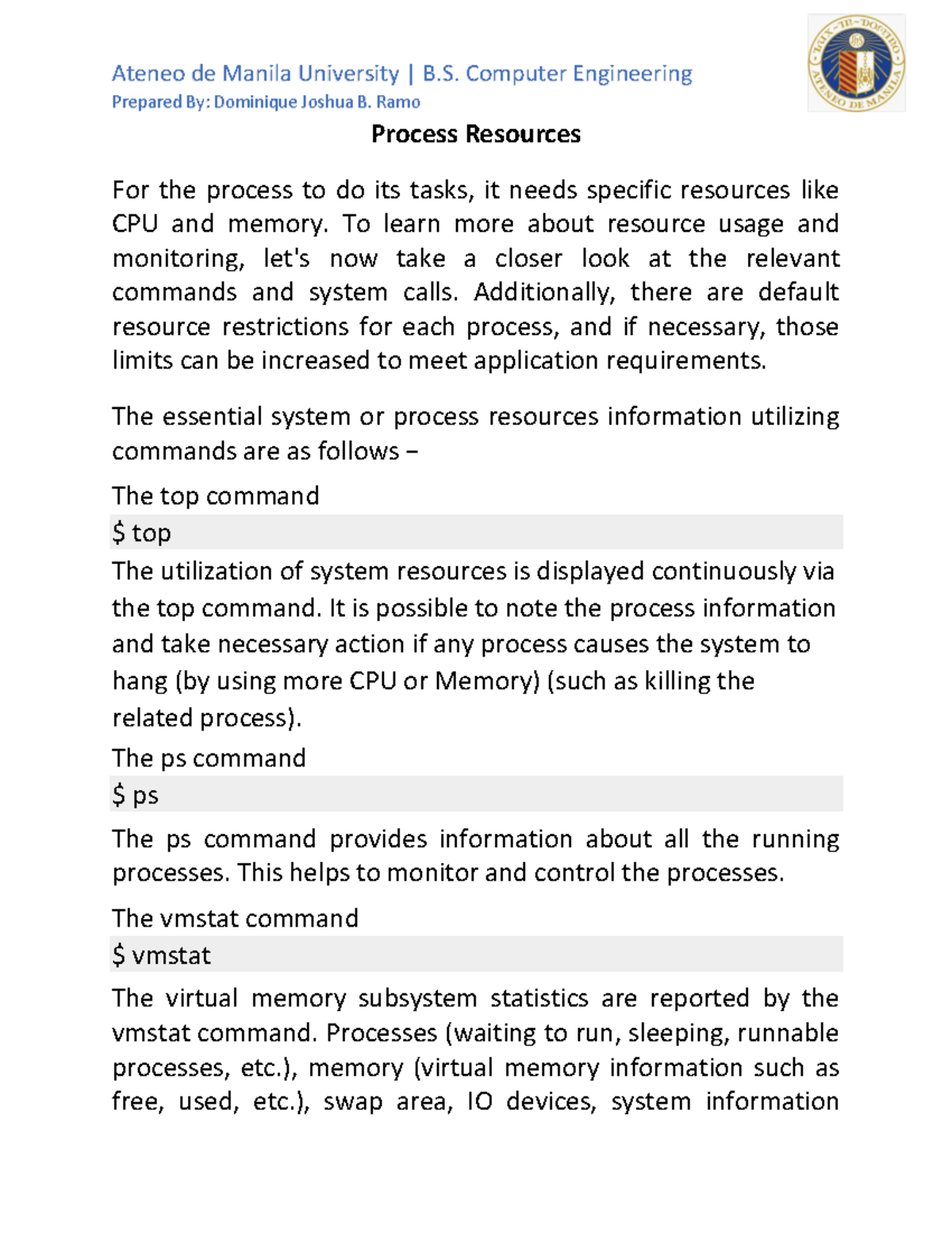 Study Guide - Process Resources - Prepared By: Dominique Joshua B. Ramo Process Resources For ...