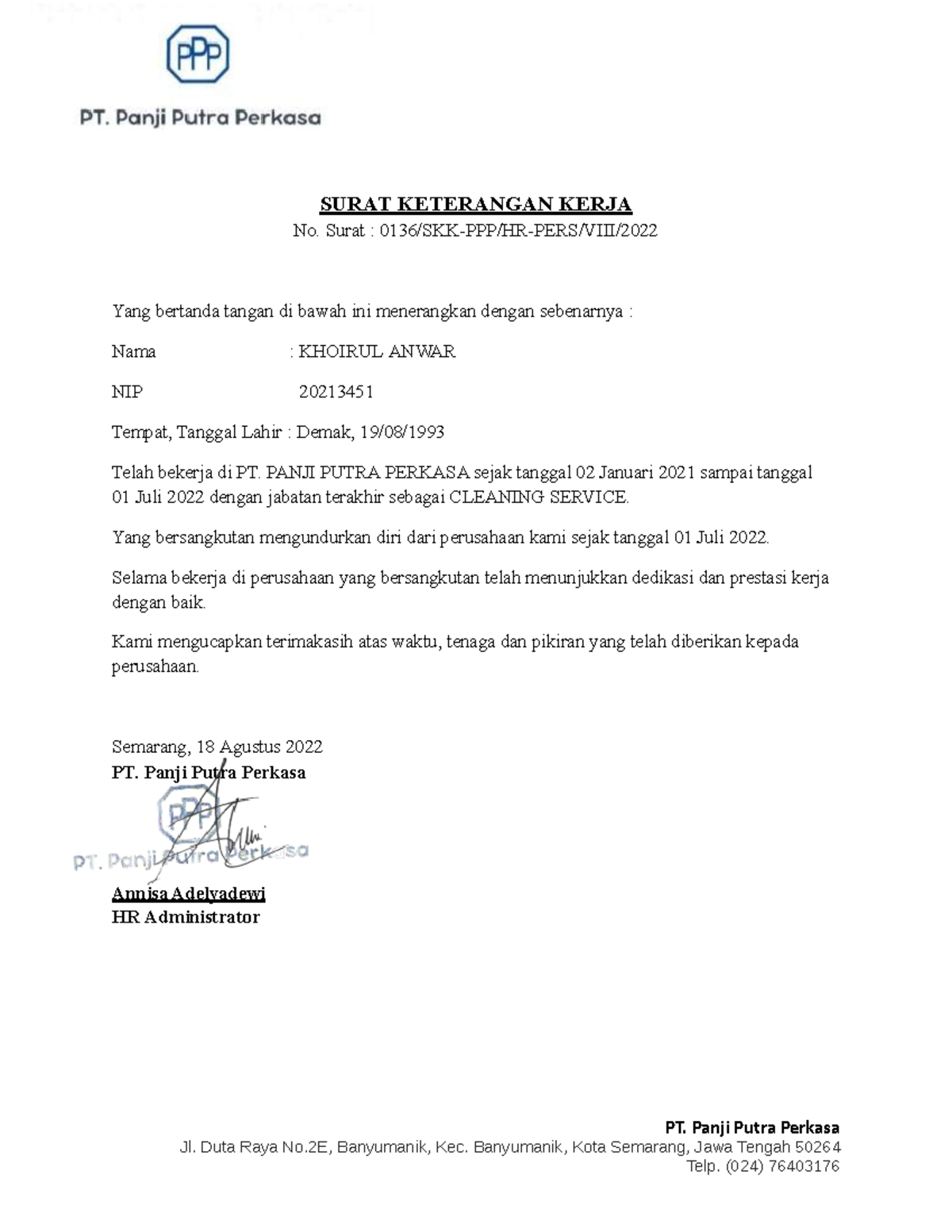 596110836-Pt-Panji-Putra-Perkasa - SURAT KETERANGAN KERJA No. Surat : 0136/SKK-PPP/HR-PERS/VIII ...