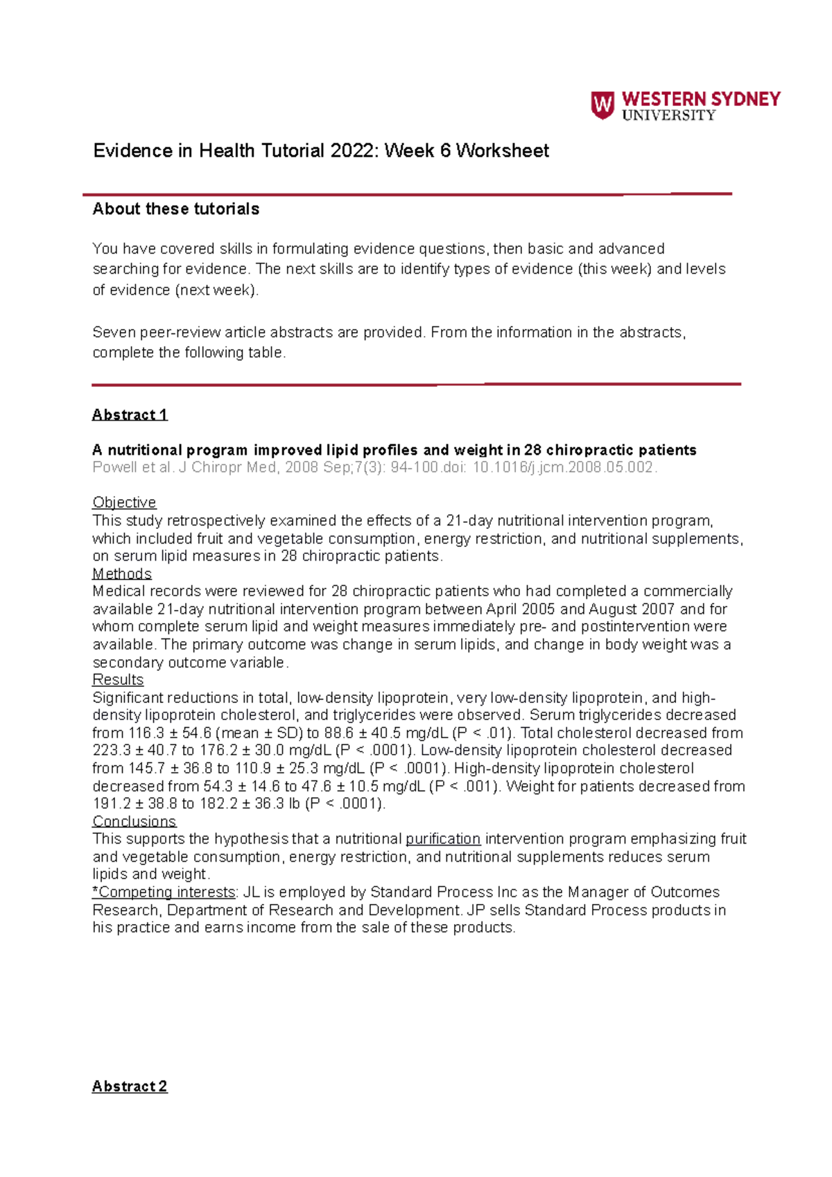 EIH Tutorial Week 06 Worksheet - Evidence in Health Tutorial 2022: Week ...