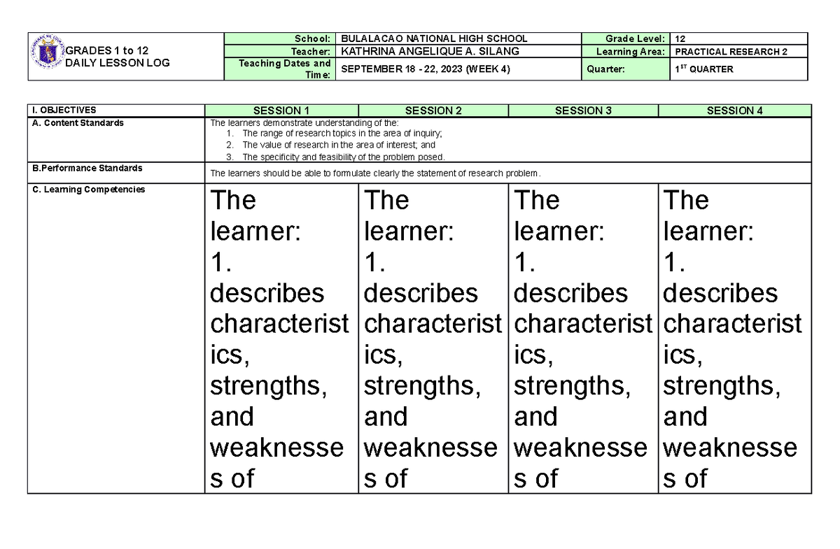 DLL PR2 Q1 W4 - Reality Based Daily Lesson Log in Practical Research 2 ...
