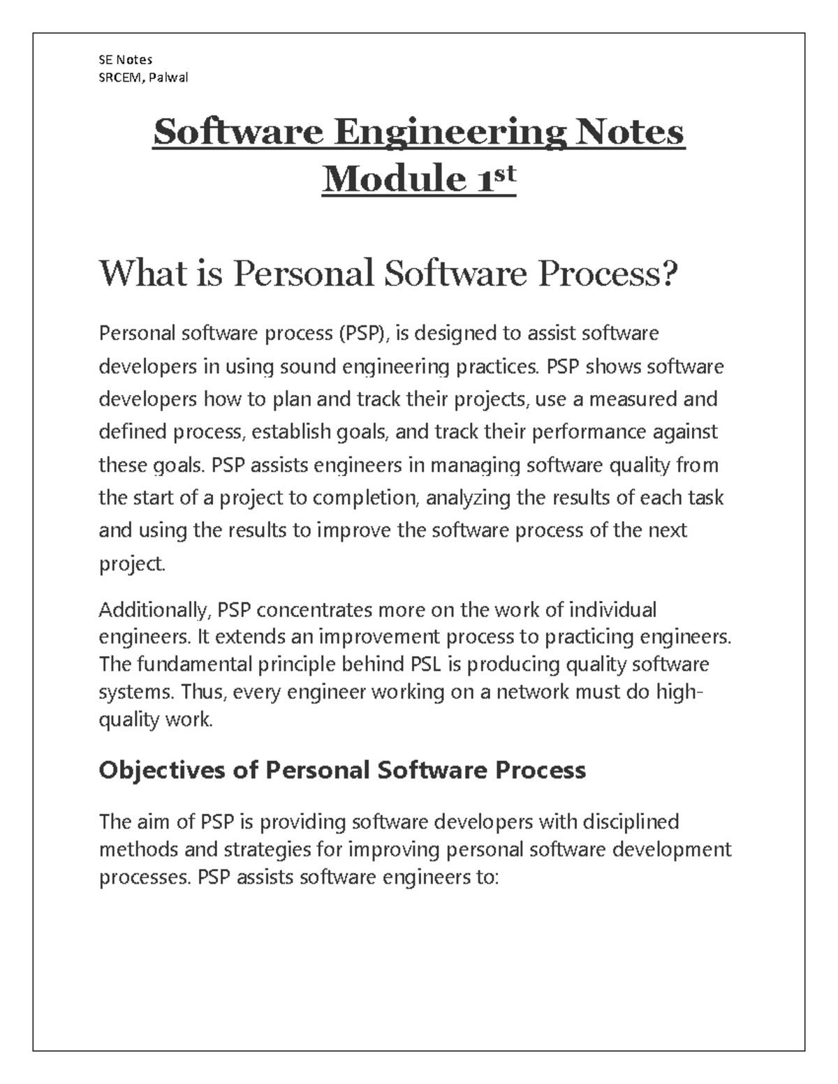 Module 1 Personal Software Process - SRCEM, Palwal Software Engineering ...