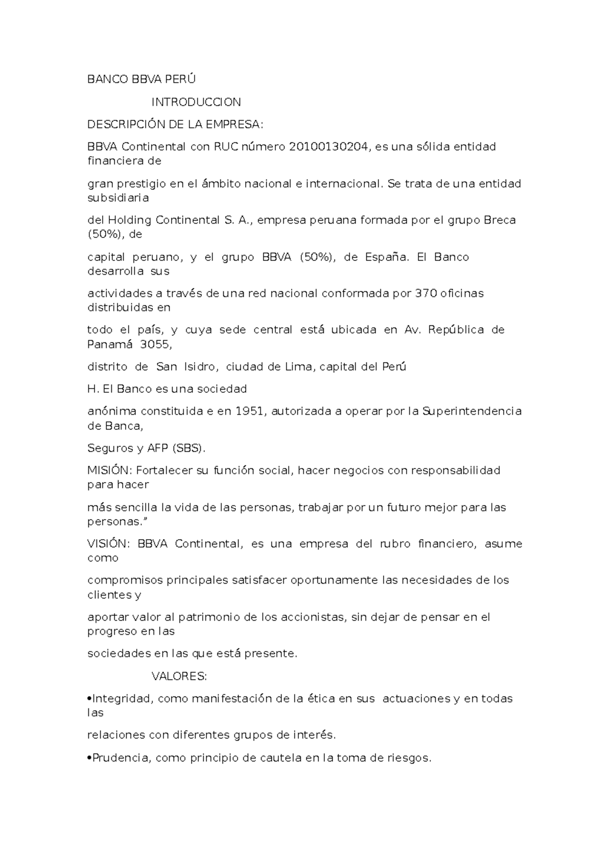 TA2 Banca Y Seguros - BANCO BBVA PERÚ INTRODUCCION DESCRIPCIÓN DE LA EMPRESA: BBVA Continental ...