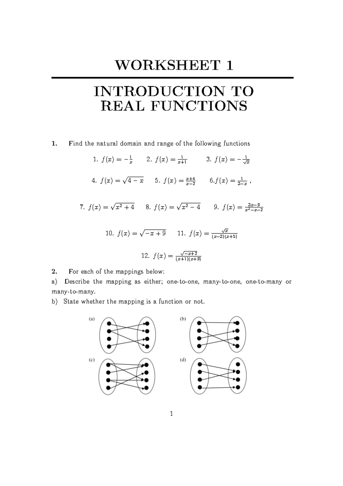 Worksheet 1 - FASFASF - WORKSHEET 1 INTRODUCTION TO REAL FUNCTIONS Find ...