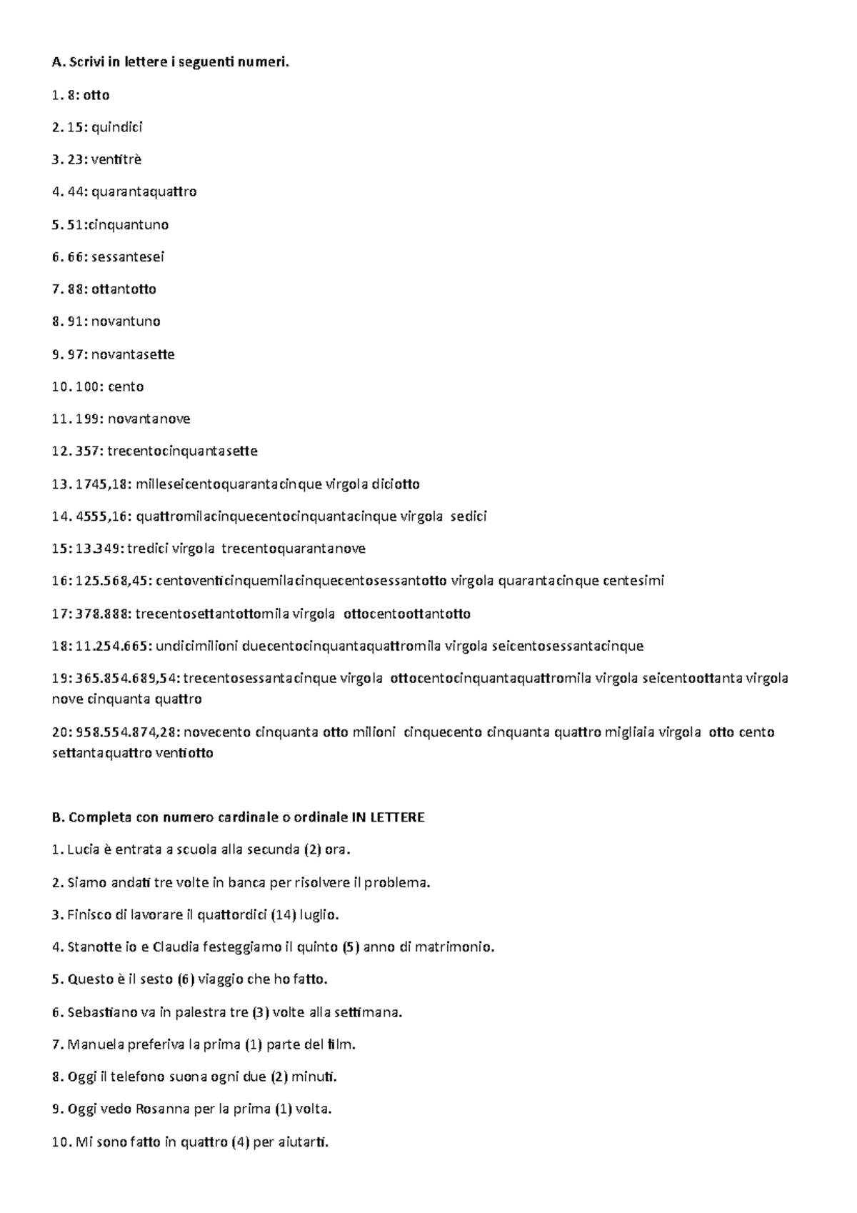 Esercizi numeri cardinali e ordinali completo - A. Scrivi in lettere i ...