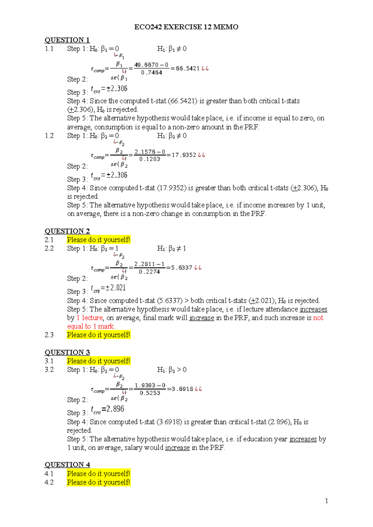 Memo Exercise 12 - ECO242 EXERCISE 12 MEMO QUESTION 1 1 Step 1: H 0 : β ...