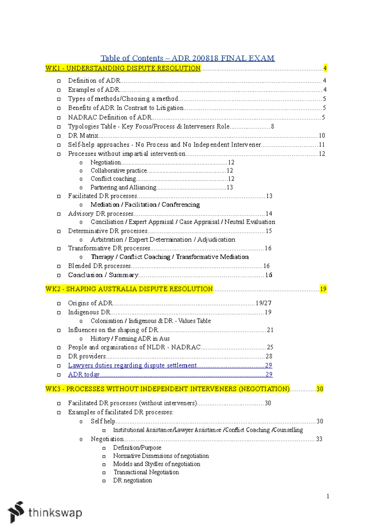 131728 adr final exam notes - 1 Table of Contents – ADR 200818 FINAL ...