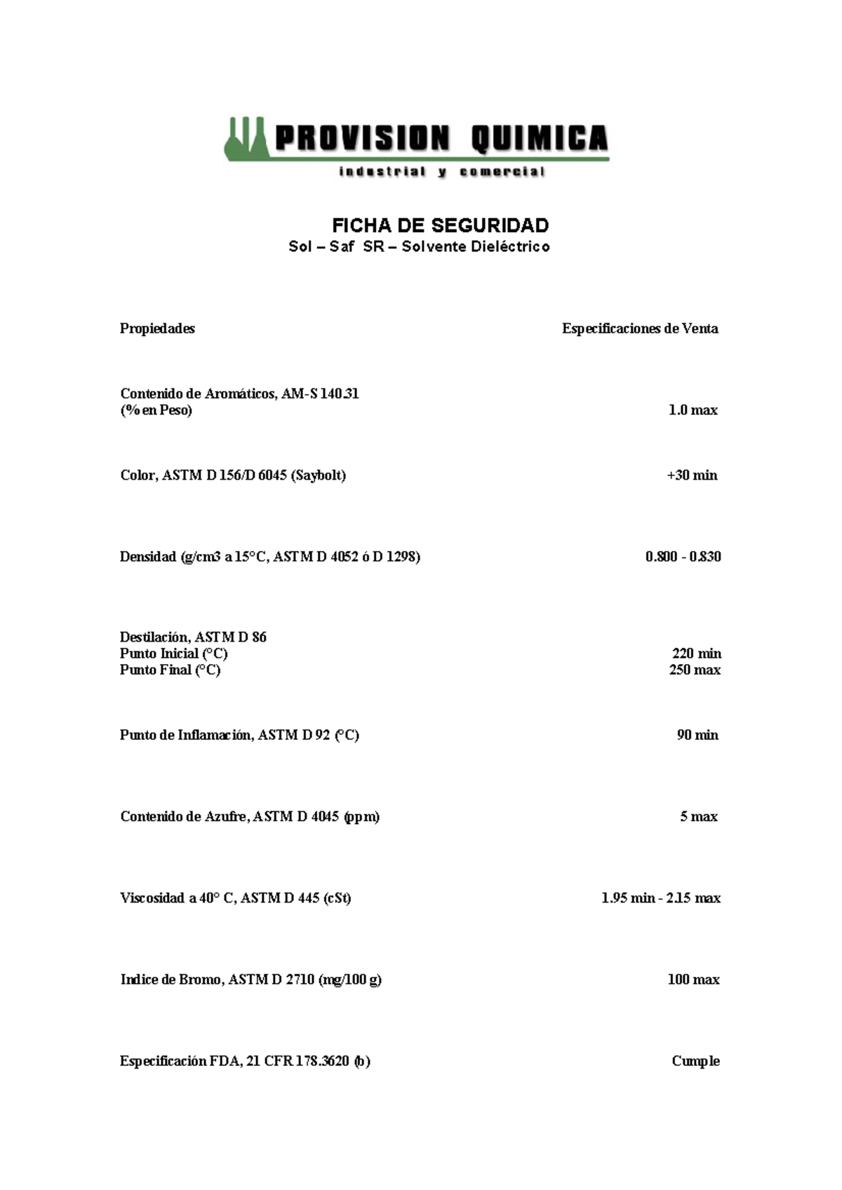 HOJA DE Seguridad Solvente Dielectrico SOL-SAF SR - FICHA DE SEGURIDAD ...