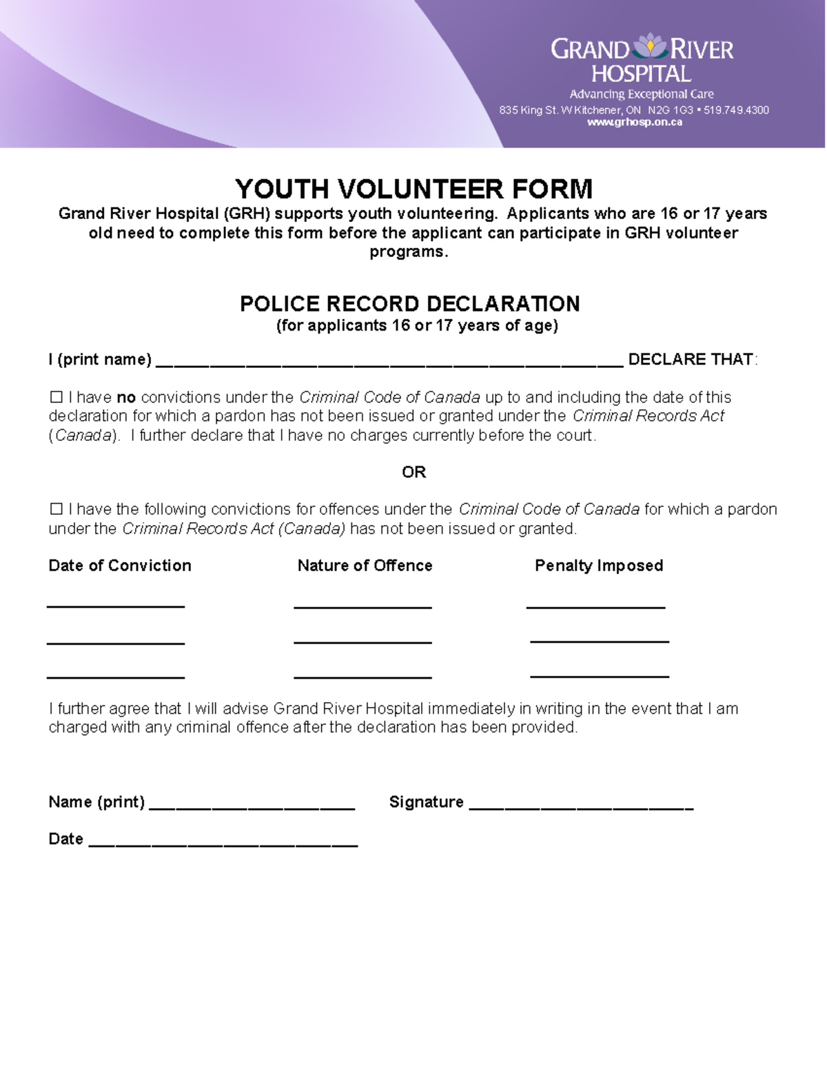 Youth Volunteer form (Offence declaration) - YOUTH VOLUNTEER FORM Grand ...