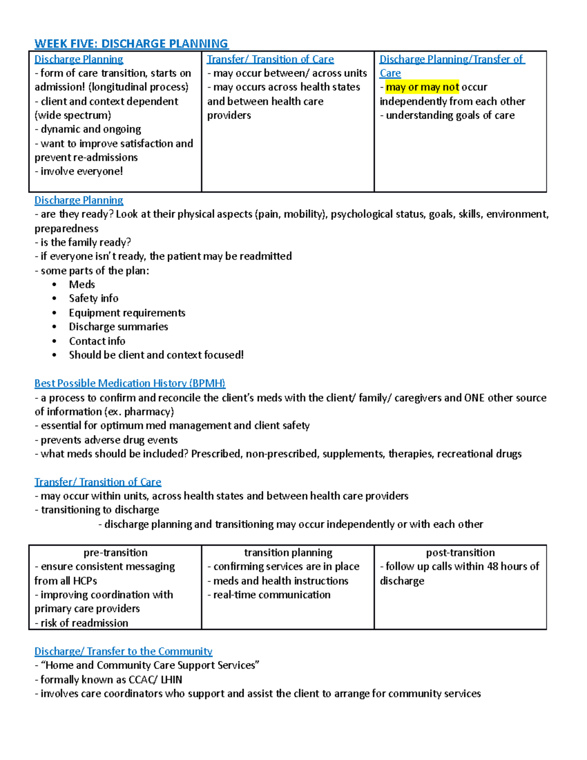WEEK FIVEstudysheet - WEEK FIVE: DISCHARGE PLANNING Discharge Planning ...