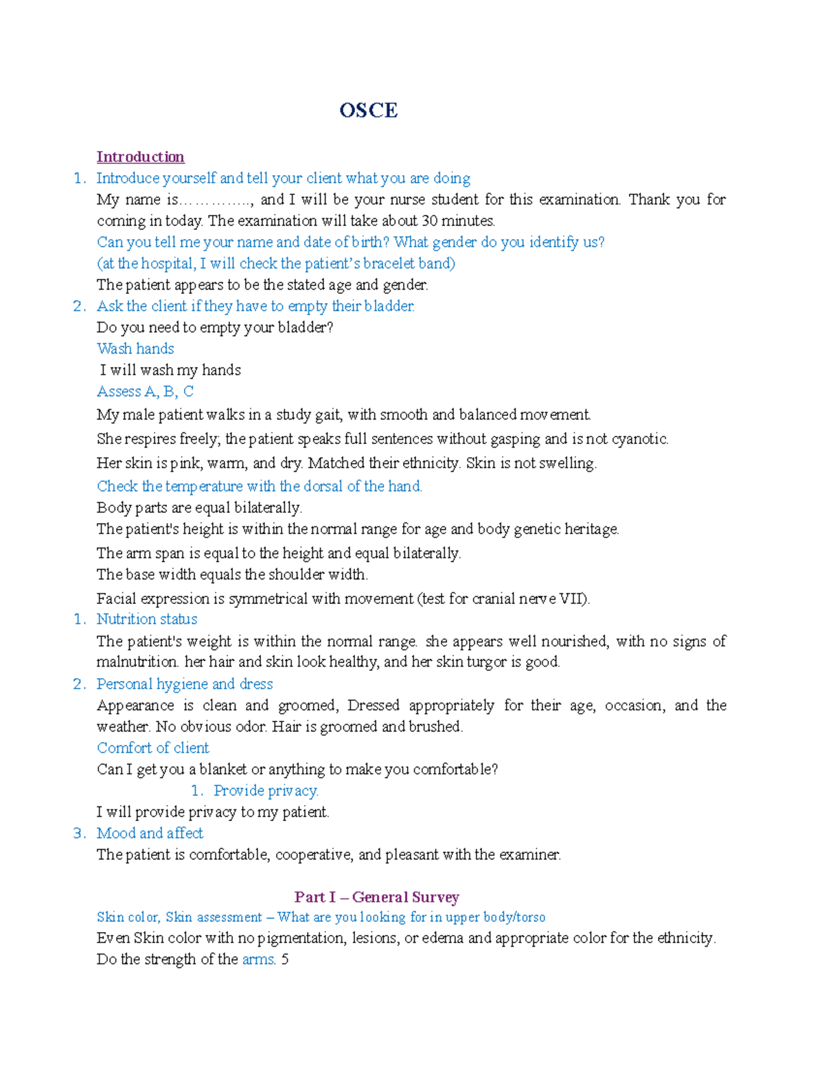 OSCE N234 physical assessment - OSCE Introduction 1. Introduce yourself ...
