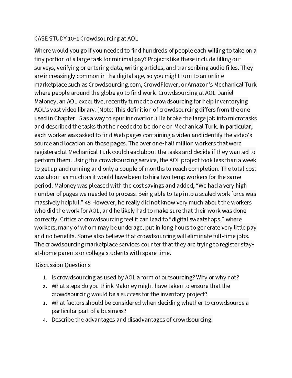 Crowdsourcing at AOL - Case Study - CASE STUDY 10‐1 Crowdsourcing at AOL Where would you go if ...