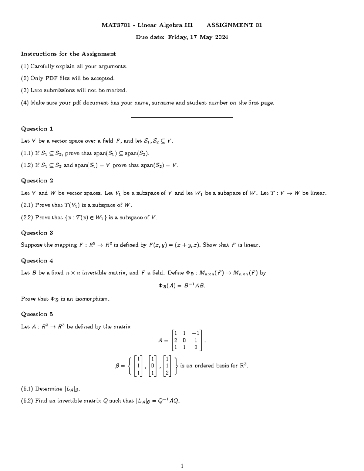 MAT3701 Assignment 01 2024 - MAT3701 - Linear Algebra III ASSIGNMENT 01 ...