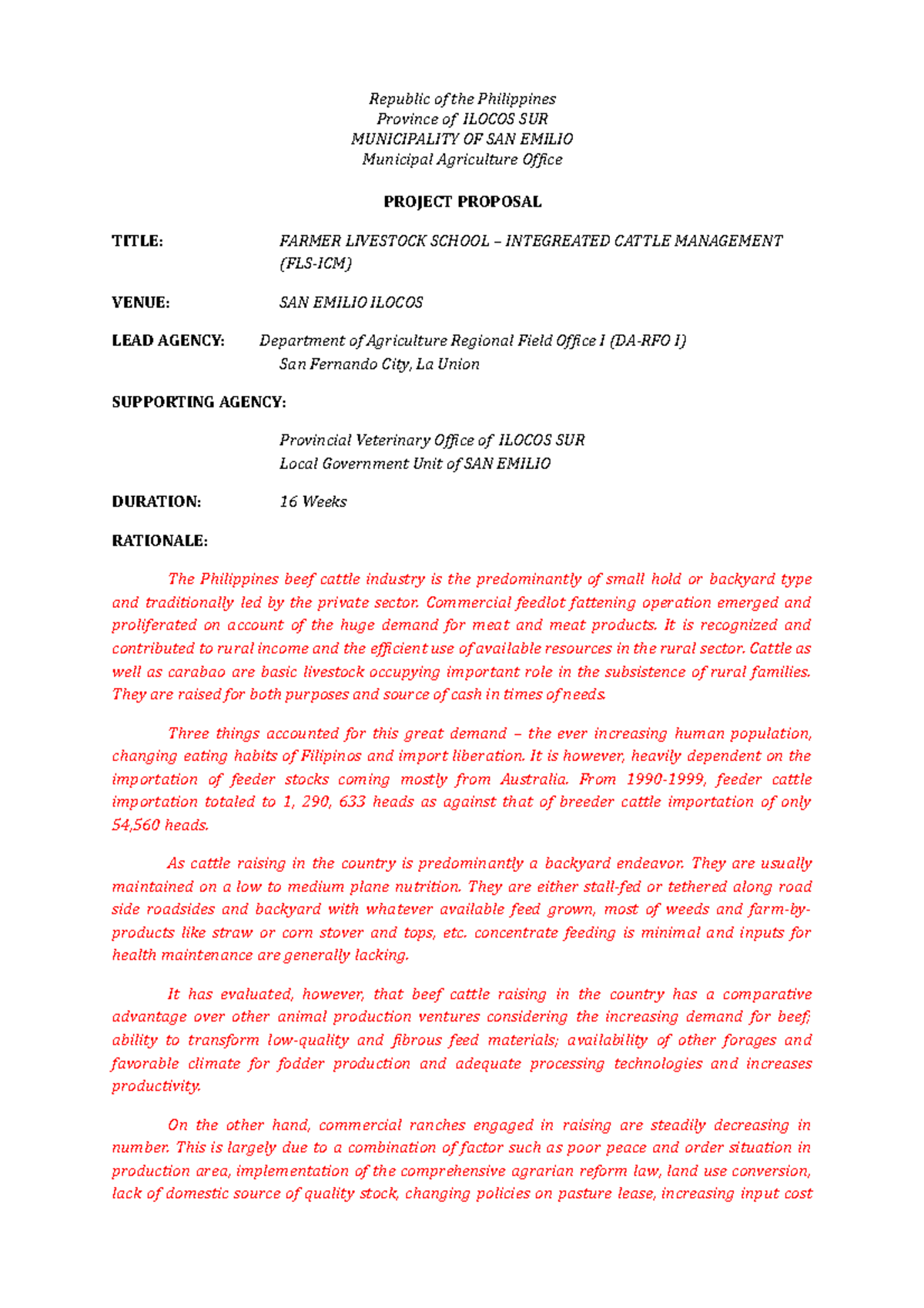 FLS-ICM- Proposal[ 230] - Republic of the Philippines Province of ILOCOS SUR MUNICIPALITY OF SAN ...