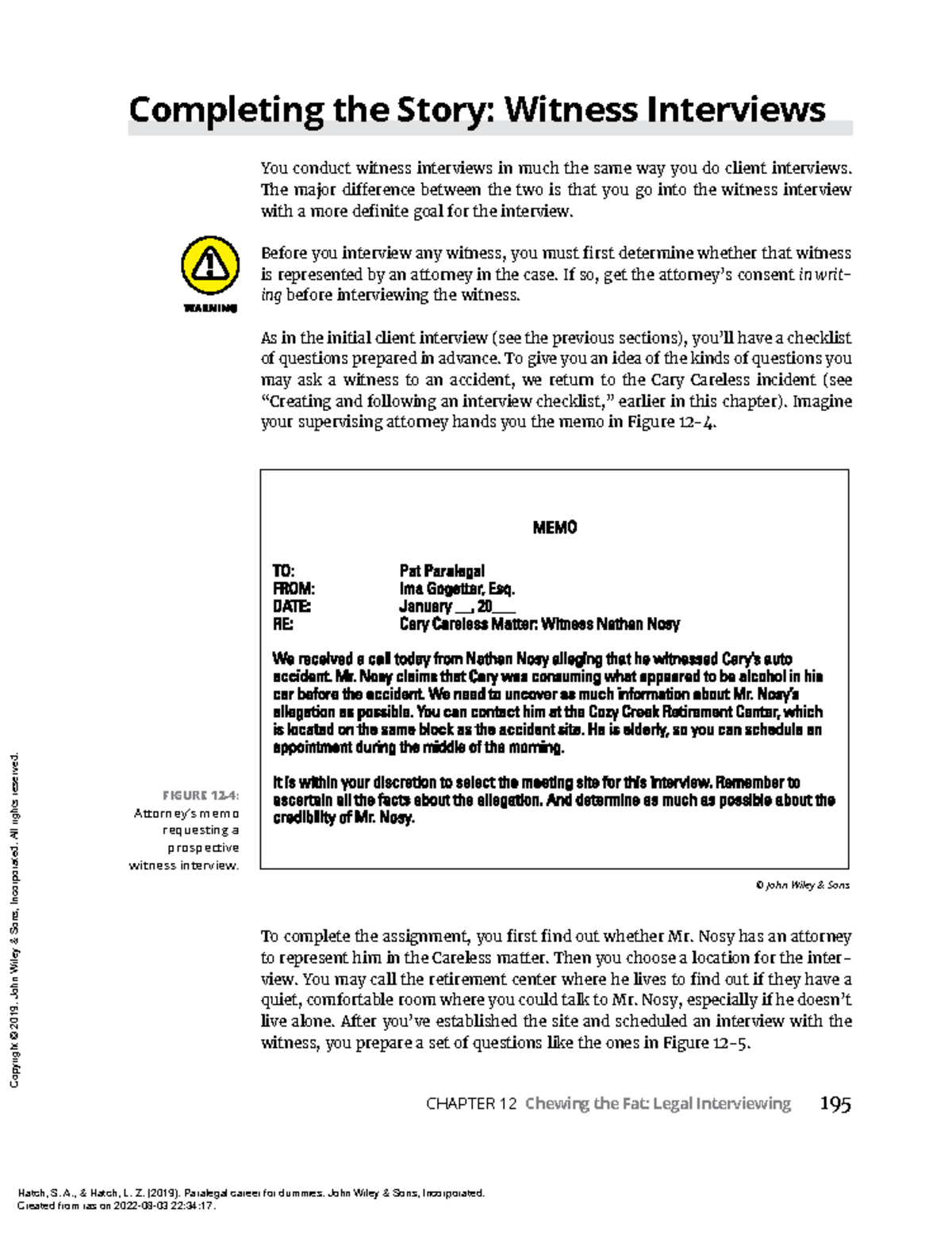 Witness Interview Checklist (002) - CHAPTER 12 Chewing the Fat: Legal ...