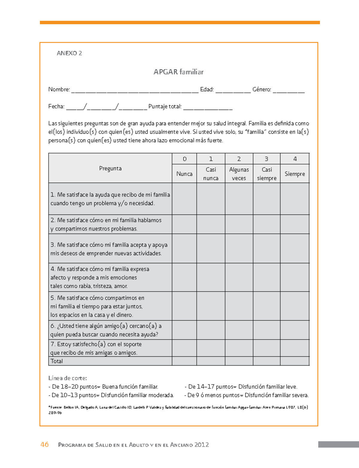 Instrumentos DE Evaluación Adulto Mayor - APGAR familiar - 46 Programa de Salud en el Adulto y ...