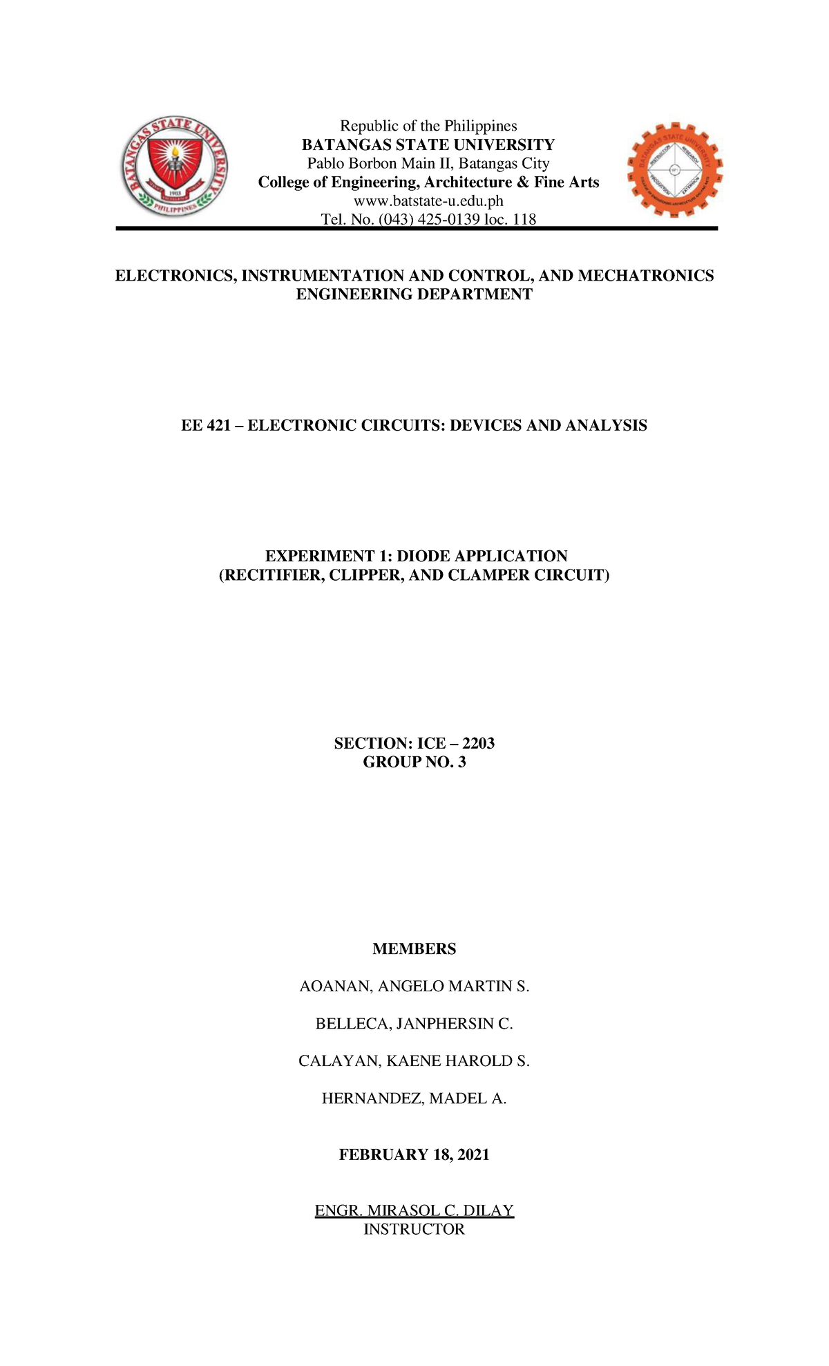 experiment group 111 - Republic of the Philippines BATANGAS STATE ...
