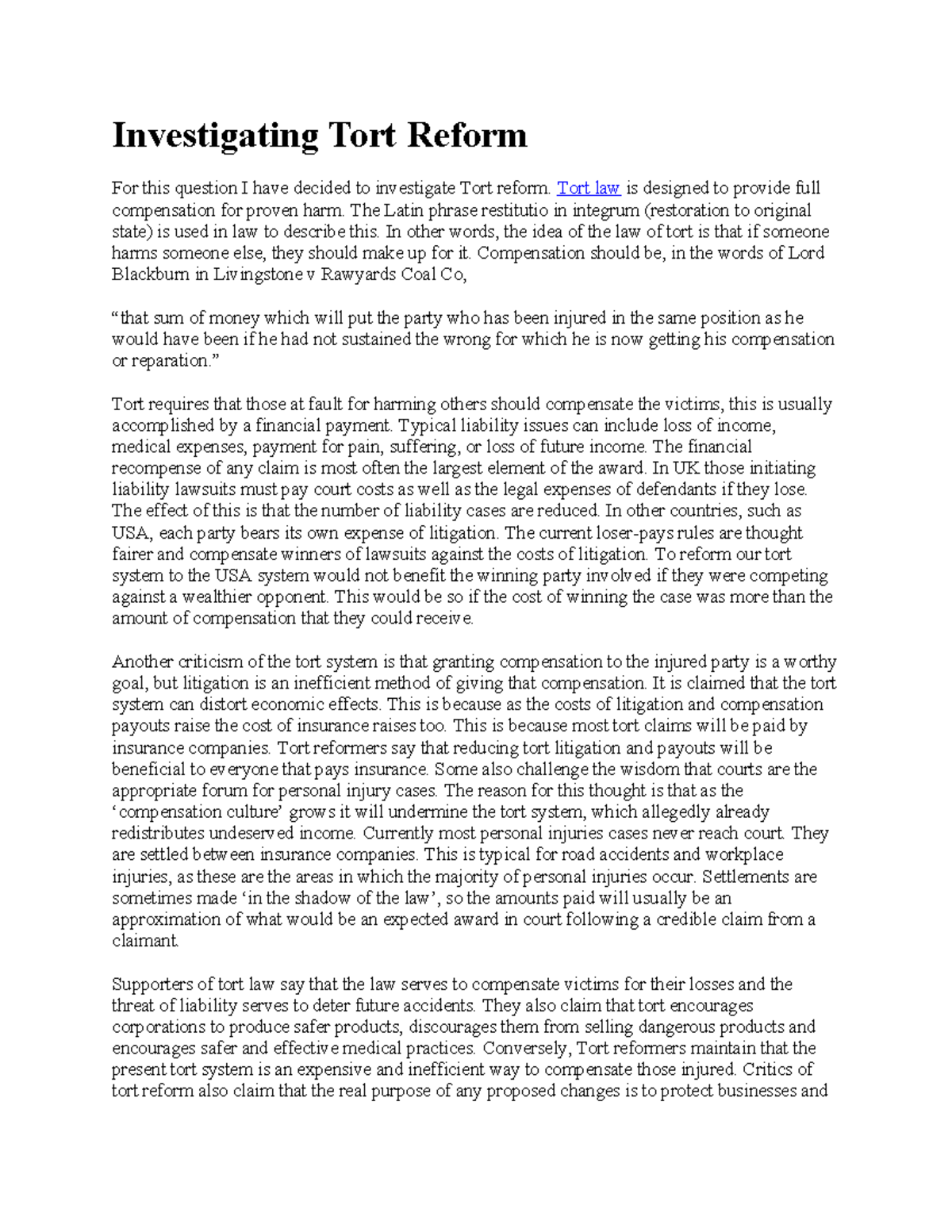 Investigating Tort Reform - Tort law is designed to provide full ...