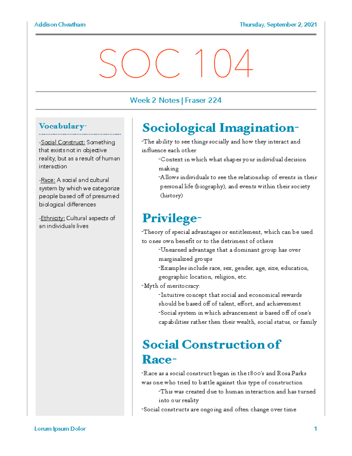 Week 2 - SOC 104 - Week 2 - SOC 104 - Addison Cheatham Thursday ...