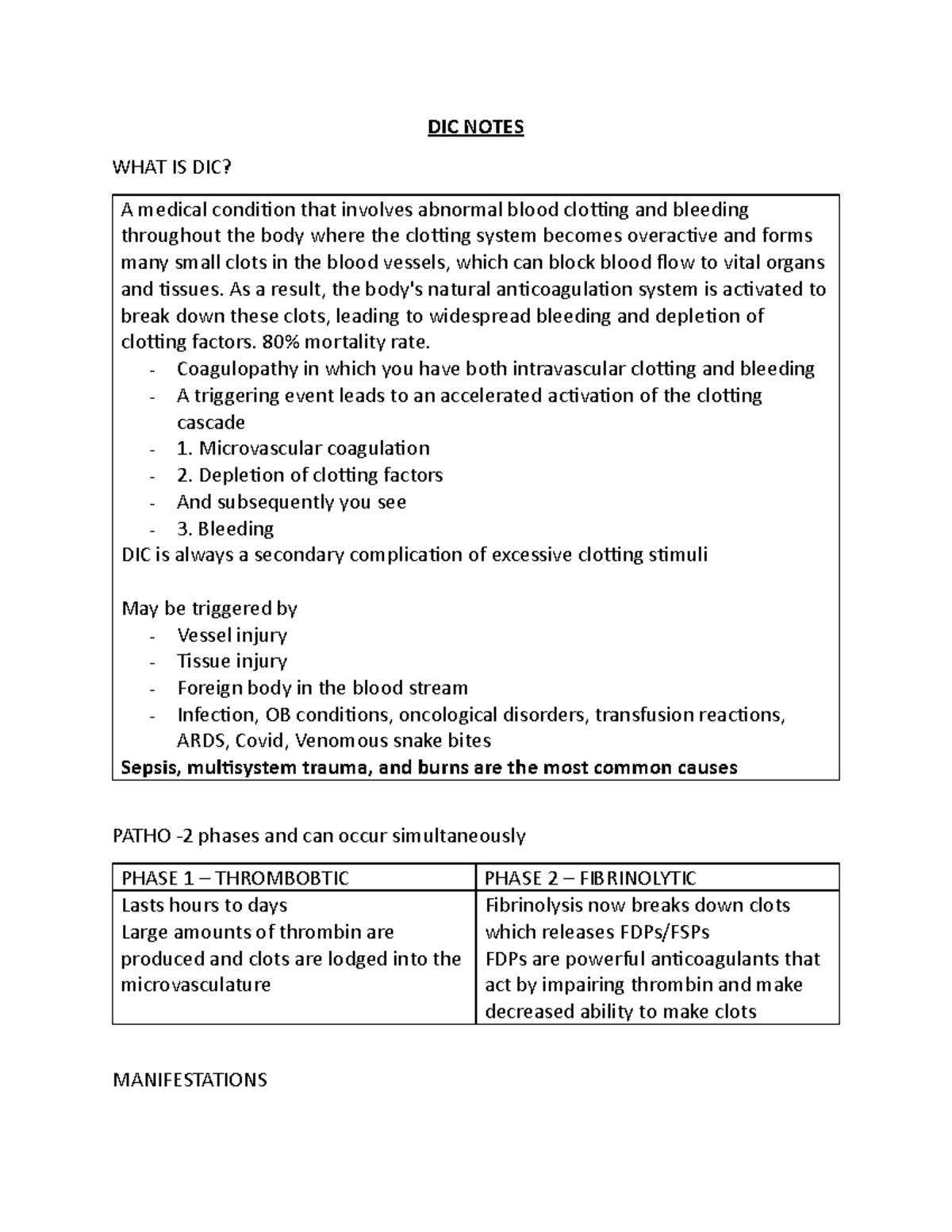 DIC Notes critical care - DIC NOTES WHAT IS DIC? A medical condiƟon ...