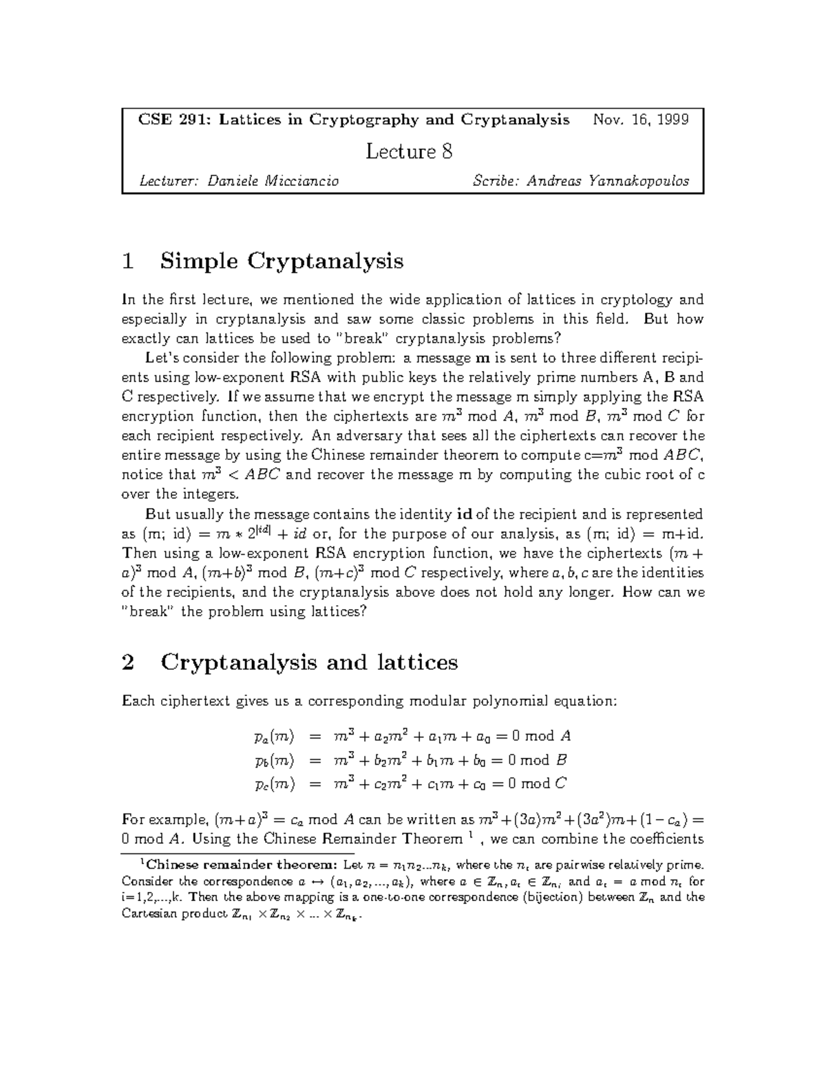 Lattices In Cryptography And Cryptanalysis 16 1999 Lecture 8 Lecturer Daniele Micciancio