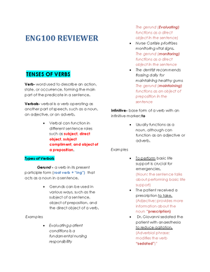 ENG100 Reviewer - ENG100 REVIEWER TENSES OF VERBS Verb- word used to describe an action, state ...