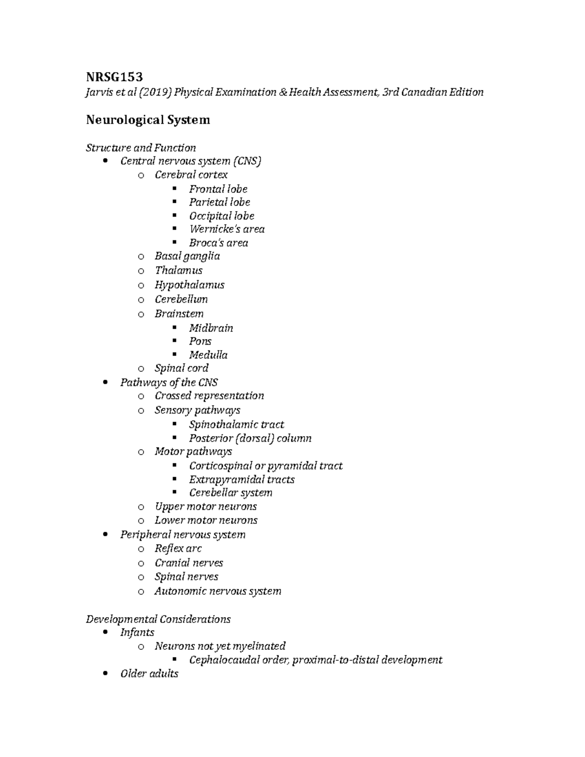 Neurological- Student Notes - NRSG Jarvis et al (2019) Physical ...
