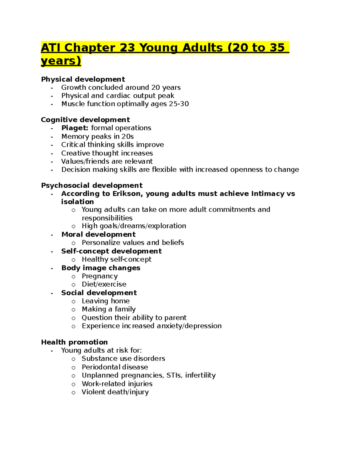 Development chapter notes - ATI Chapter 23 Young Adults (20 to 35 years ...