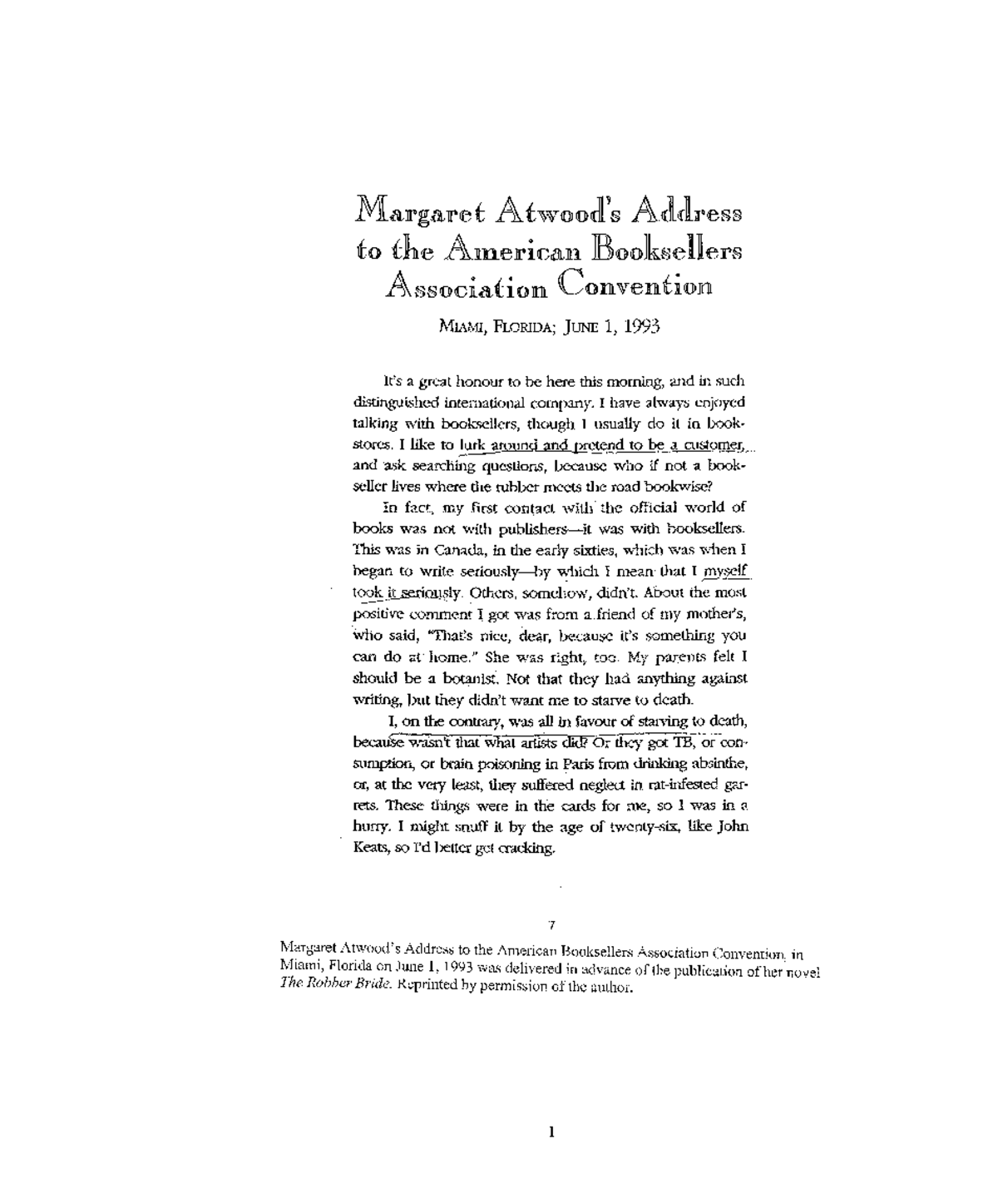 Atwood Speech - Reading from class. - ENGL 2333 - Studocu