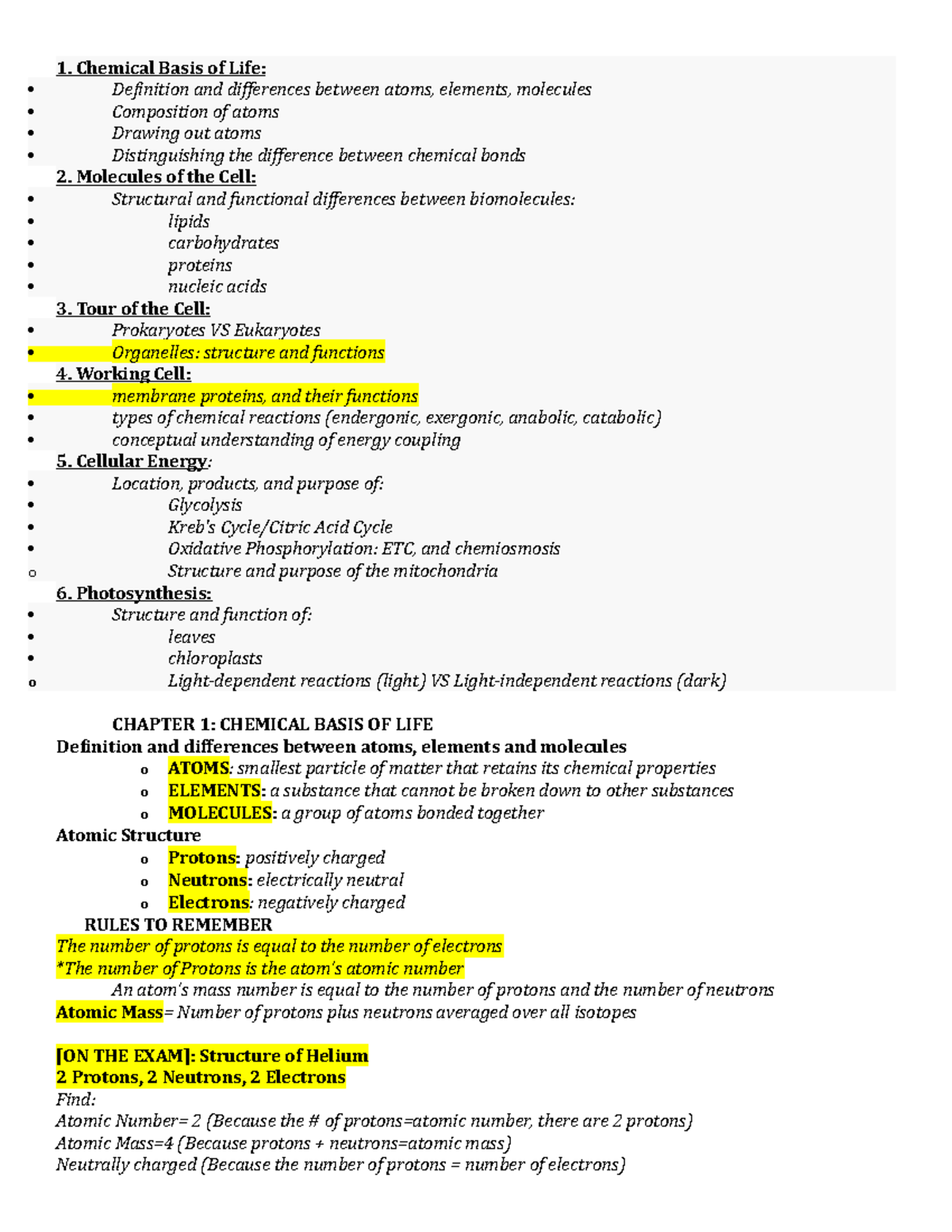 Biology EXAM1 Study Sheet - Chemical Basis of Life: Definition and ...