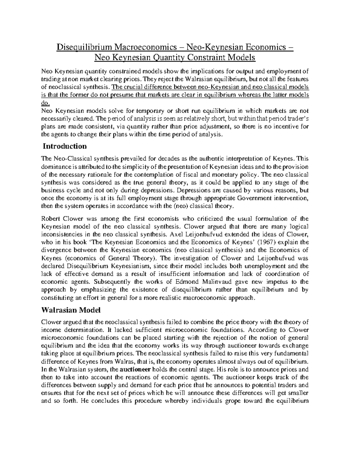 Neo Keynesian - Disequilibrium Macro Economics - Disequilibrium Macroeconomics – Neo-Keynesian ...