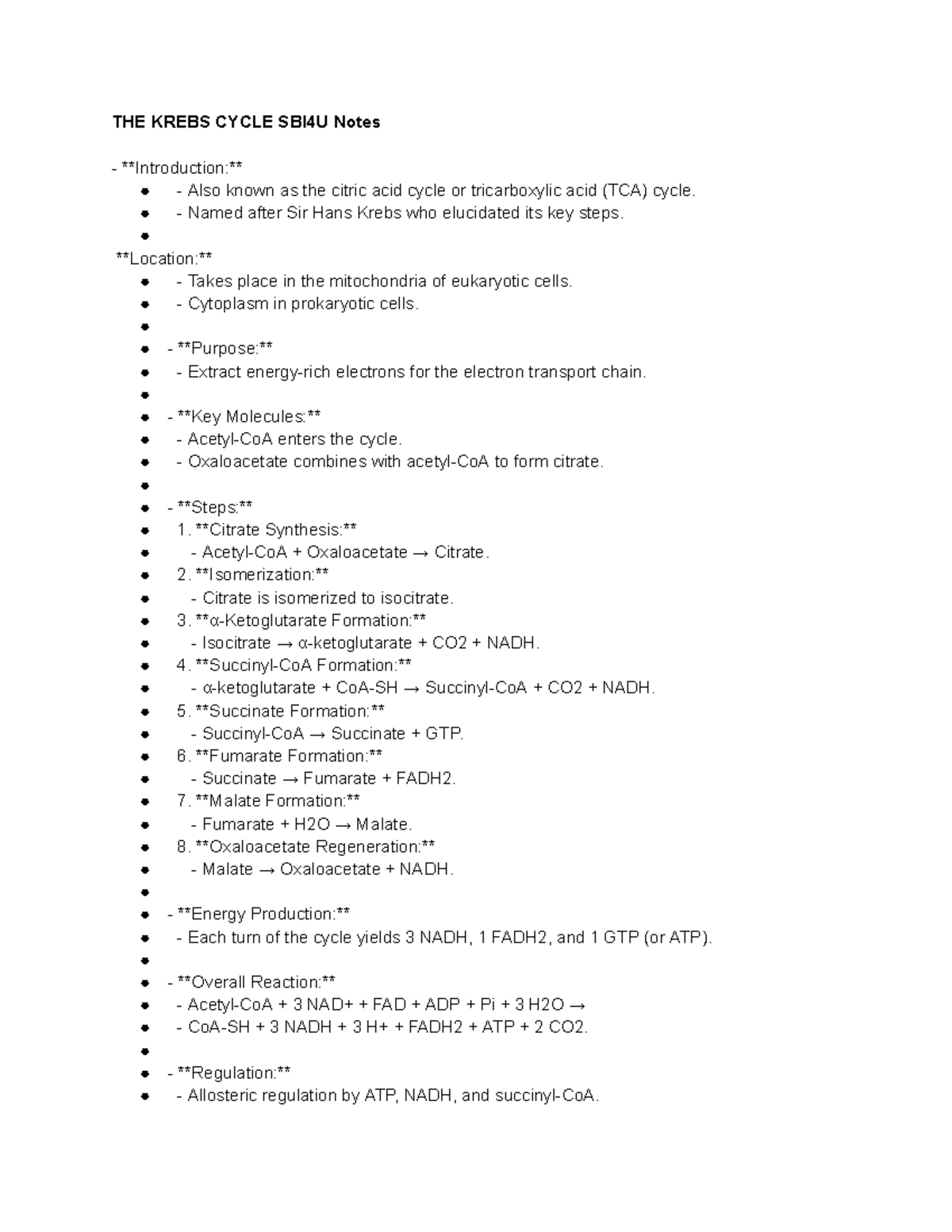 Notes for DNA and genetics - THE KREBS CYCLE SBI4U Notes Introduction ...