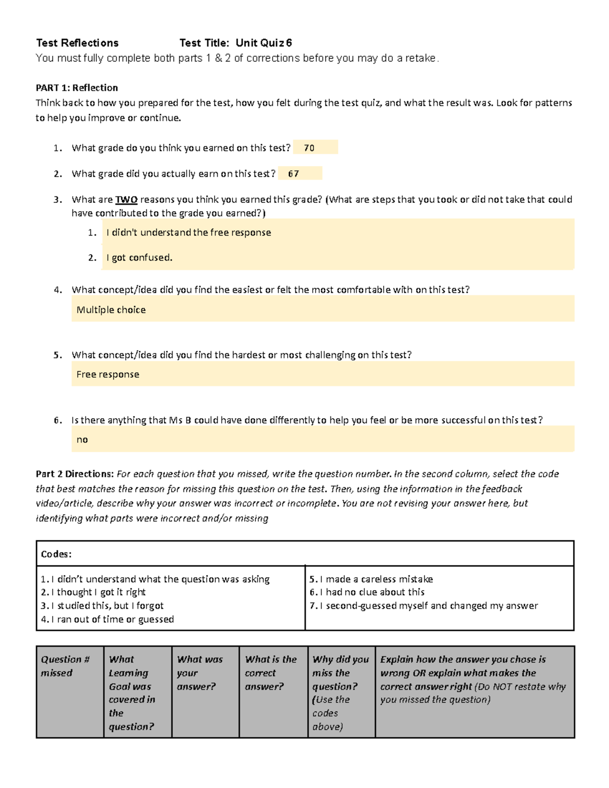 Unit 6 Quest corrections - Test Reflections Test Title: Unit Quiz 6 You ...